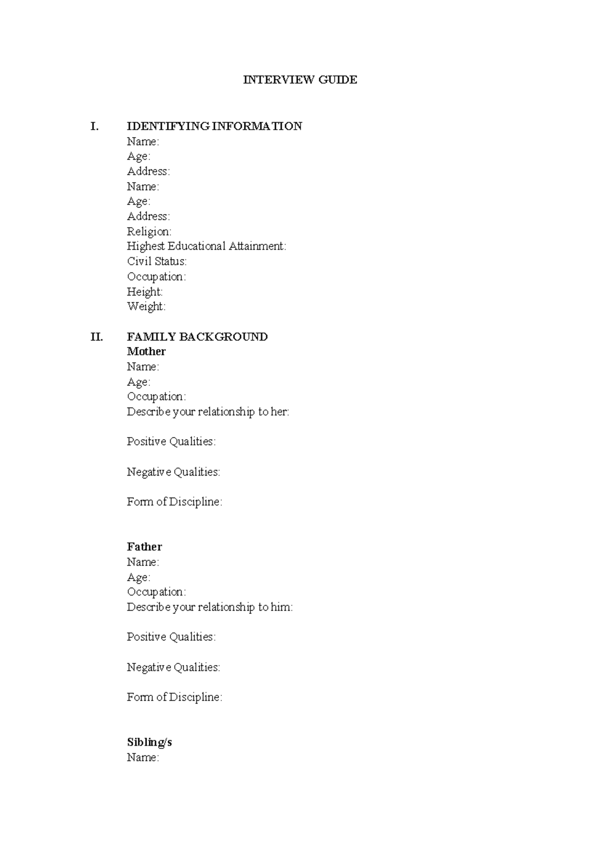 Interview Guide - INTERVIEW GUIDE I. IDENTIFYING INFORMATION Name: Age ...