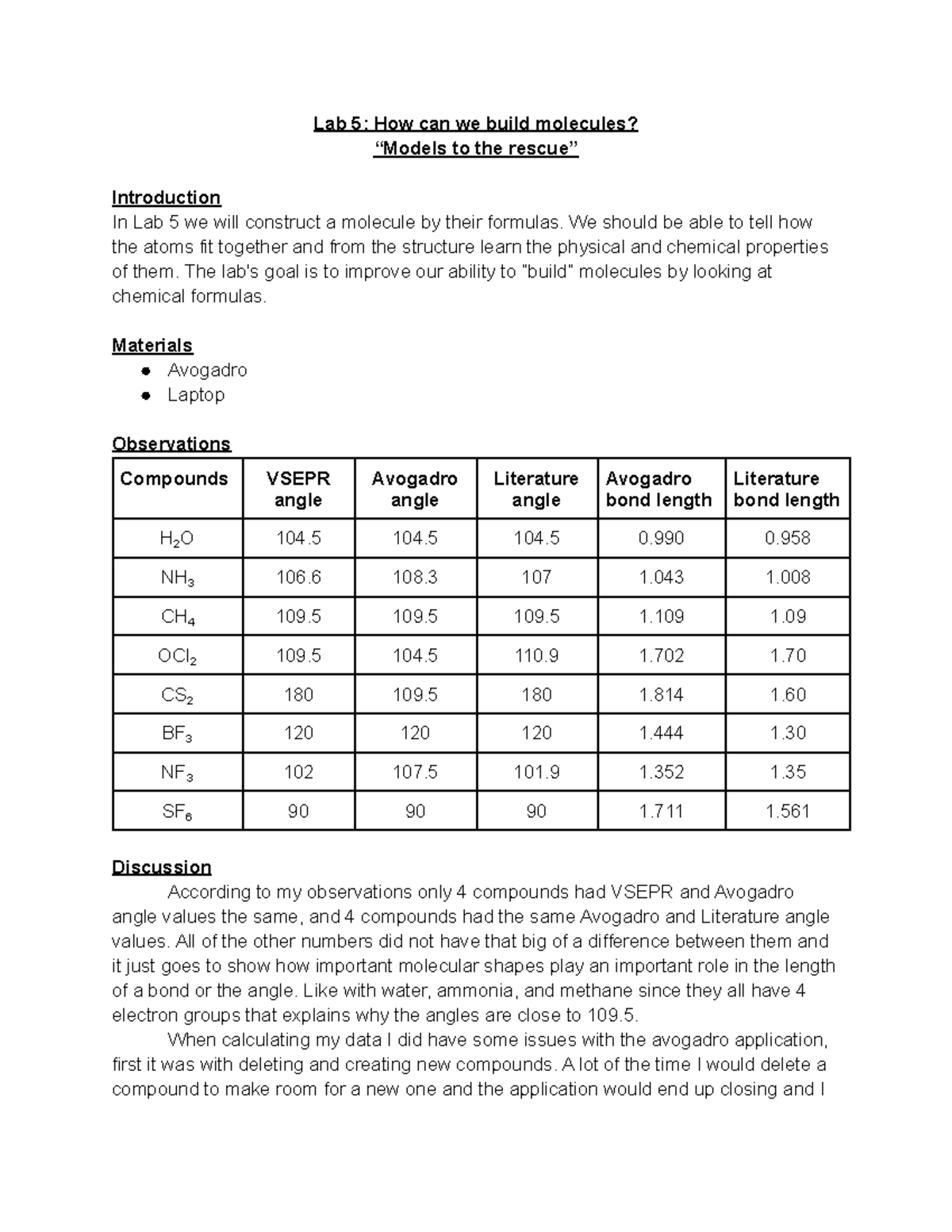Lab 5 + 6 Report - Lab 5: How can we build molecules? “Models to the ...