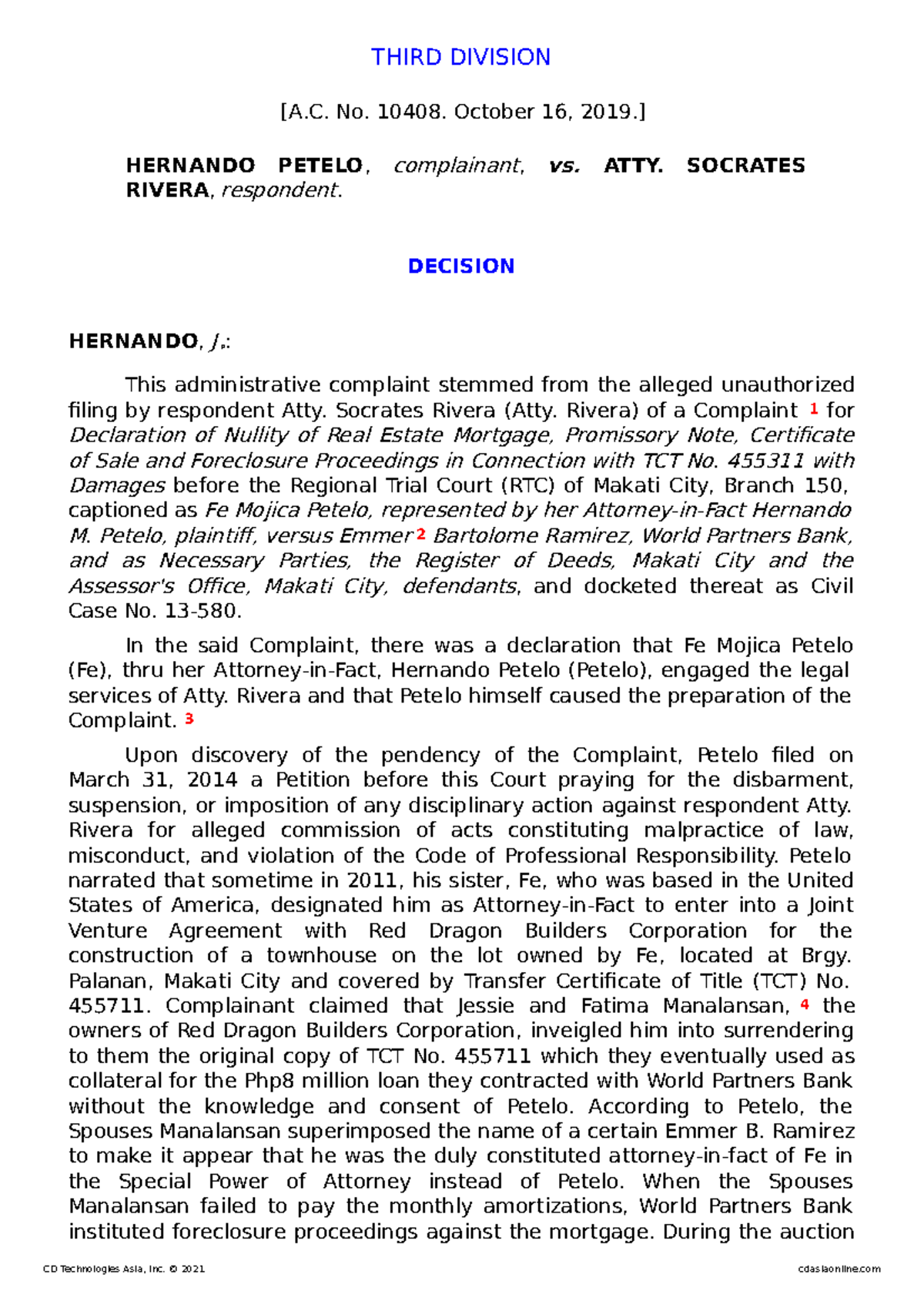 Petelo v. Rivera - Hernando Bar Cases - THIRD DIVISION [A. No. 10408. October 16, 2019 ...