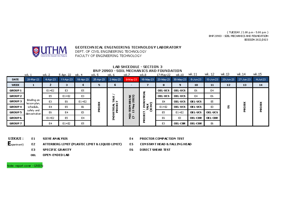 Labschedule s3 - ( TUESDAY / 2 p - 5 p ) BNP 20903 - SOIL MECHANICS AND ...