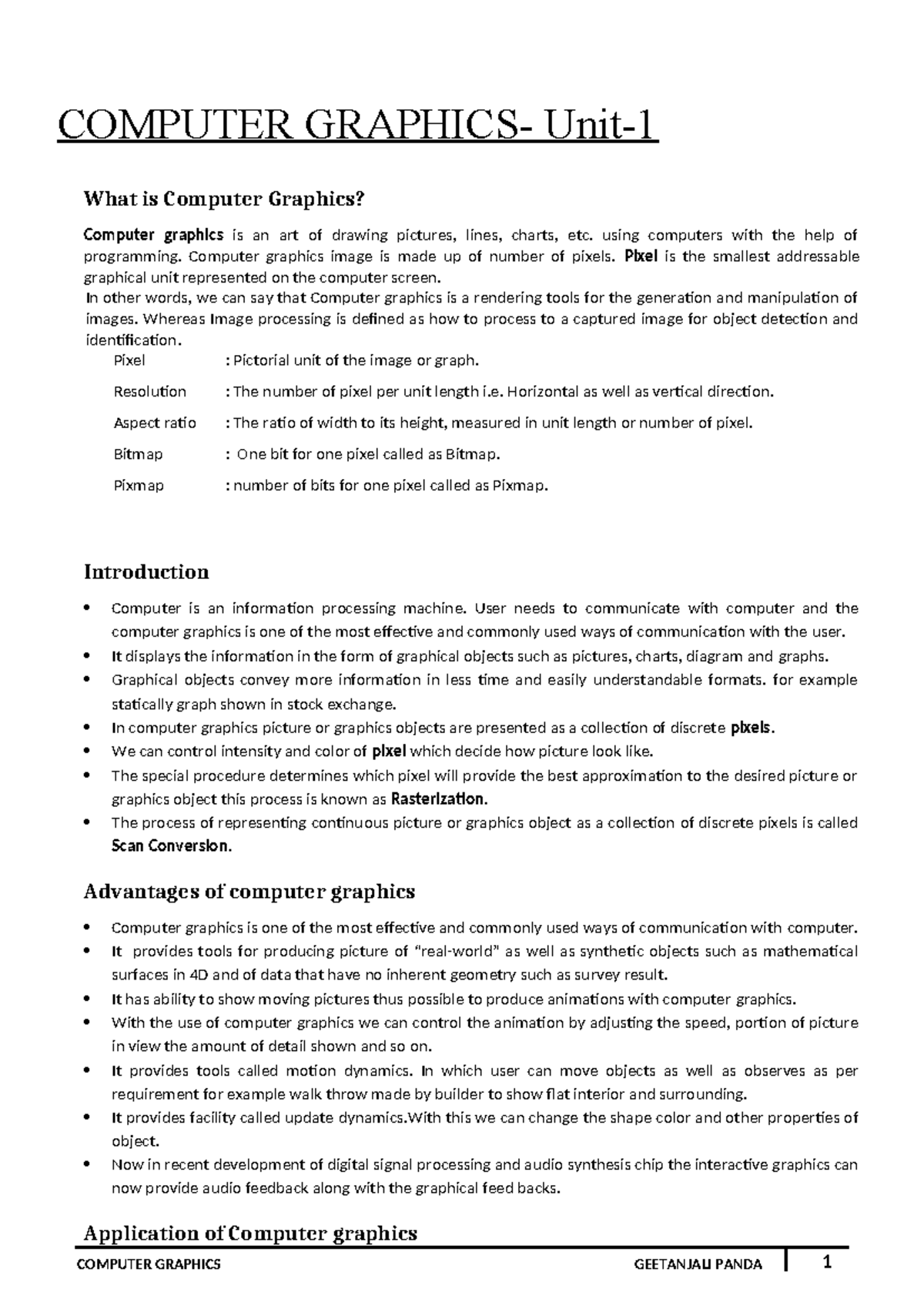 CG-UNIT 1 - NOTES - COMPUTER GRAPHICS GEETANJALI PANDA 1 COMPUTER ...