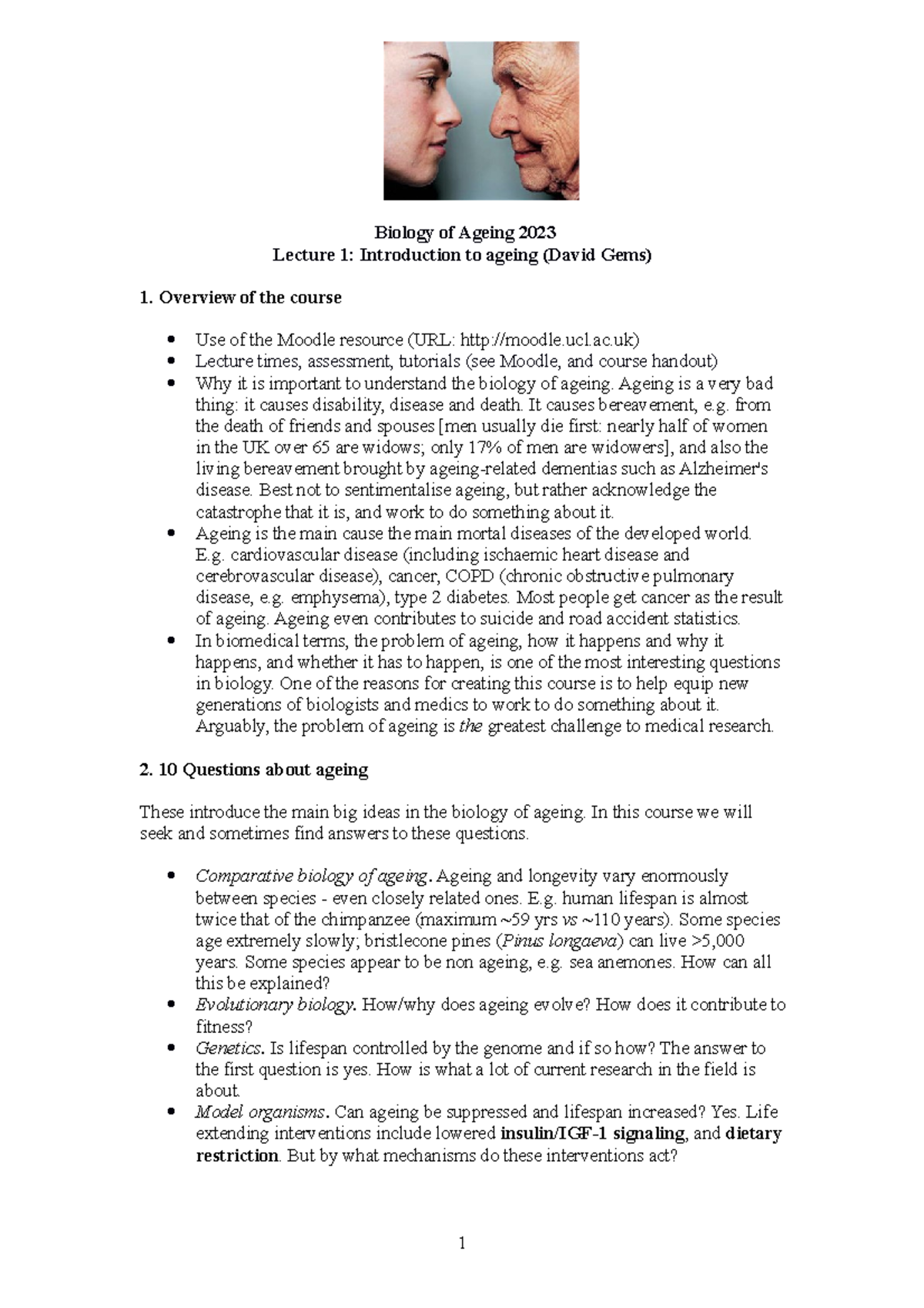 Lecture 1 handout - Biology of Ageing 2023 Lecture 1: Introduction to ...