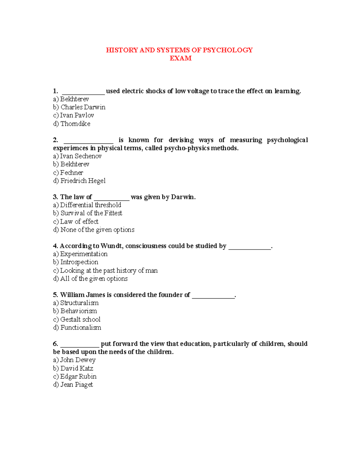 Psychology History Exam - HISTORY AND SYSTEMS OF PSYCHOLOGY EXAM ...