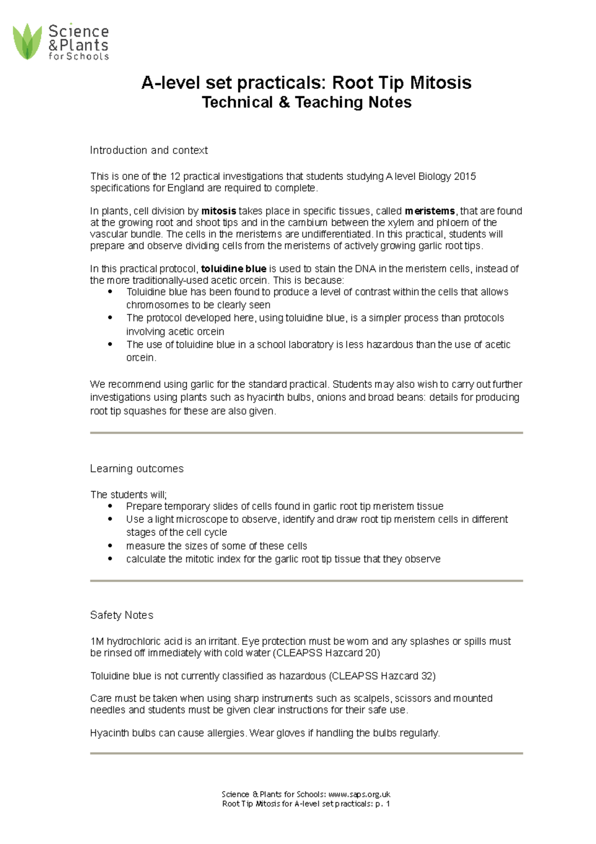 SAPS - Root Tip Mitosis for A-level set practicals - teacher notes 2 ...