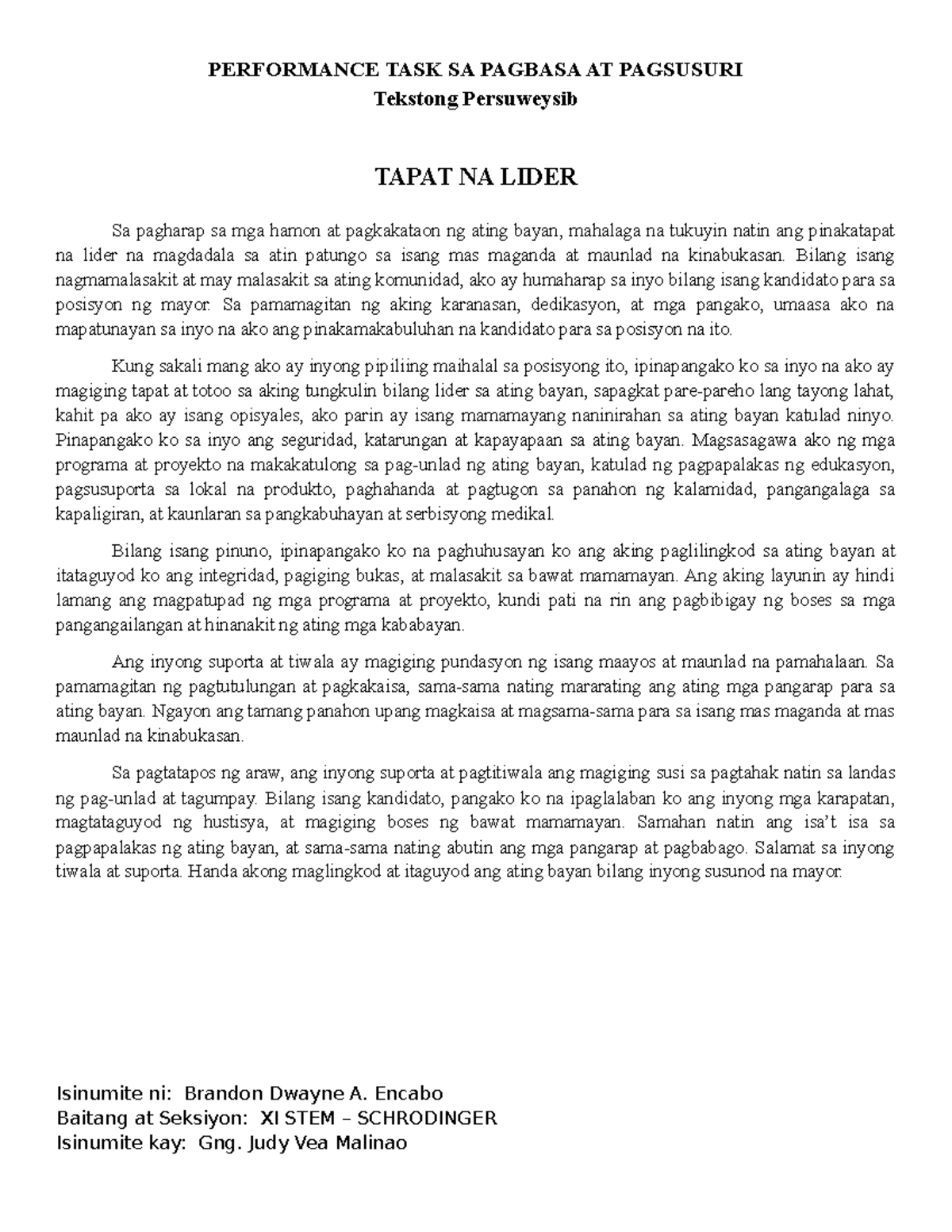 Tekstong-Persuweysib - PERFORMANCE TASK SA PAGBASA AT PAGSUSURI ...