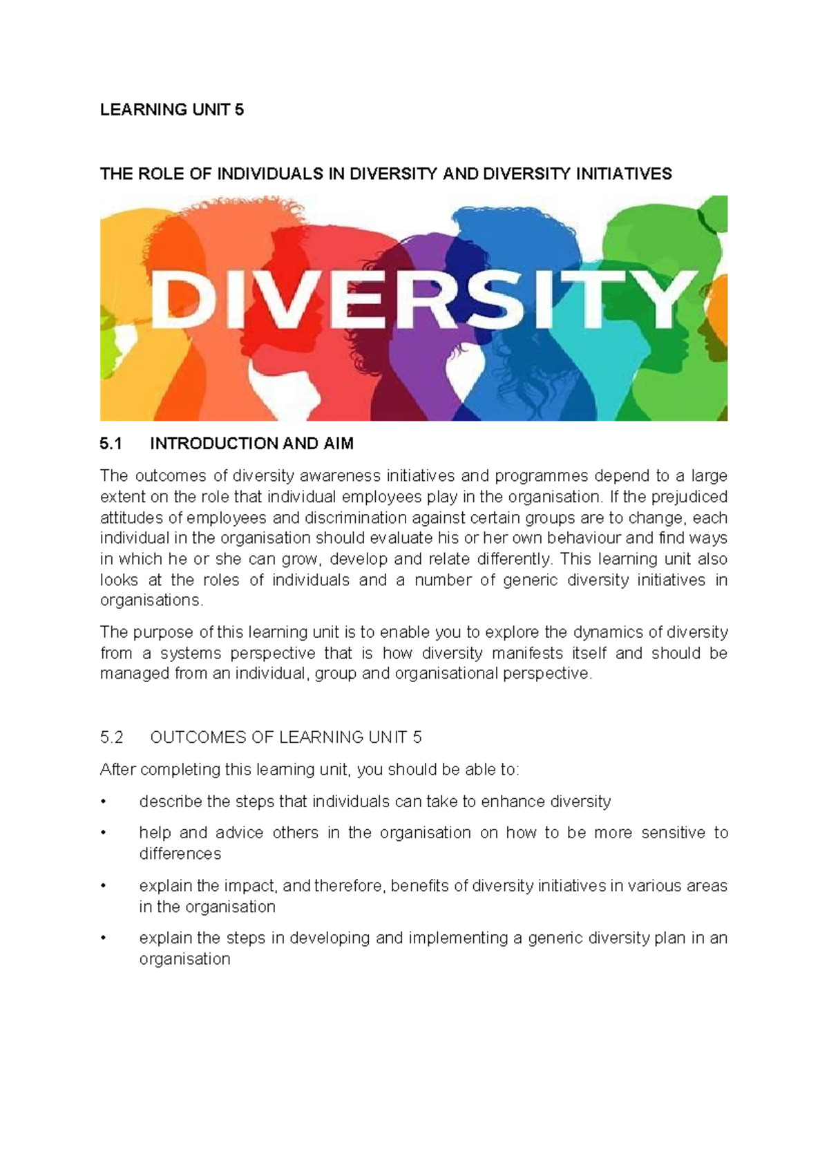 IOP2607 Learning Unit 5 - LEARNING UNIT 5 THE ROLE OF INDIVIDUALS IN DIVERSITY AND DIVERSITY ...