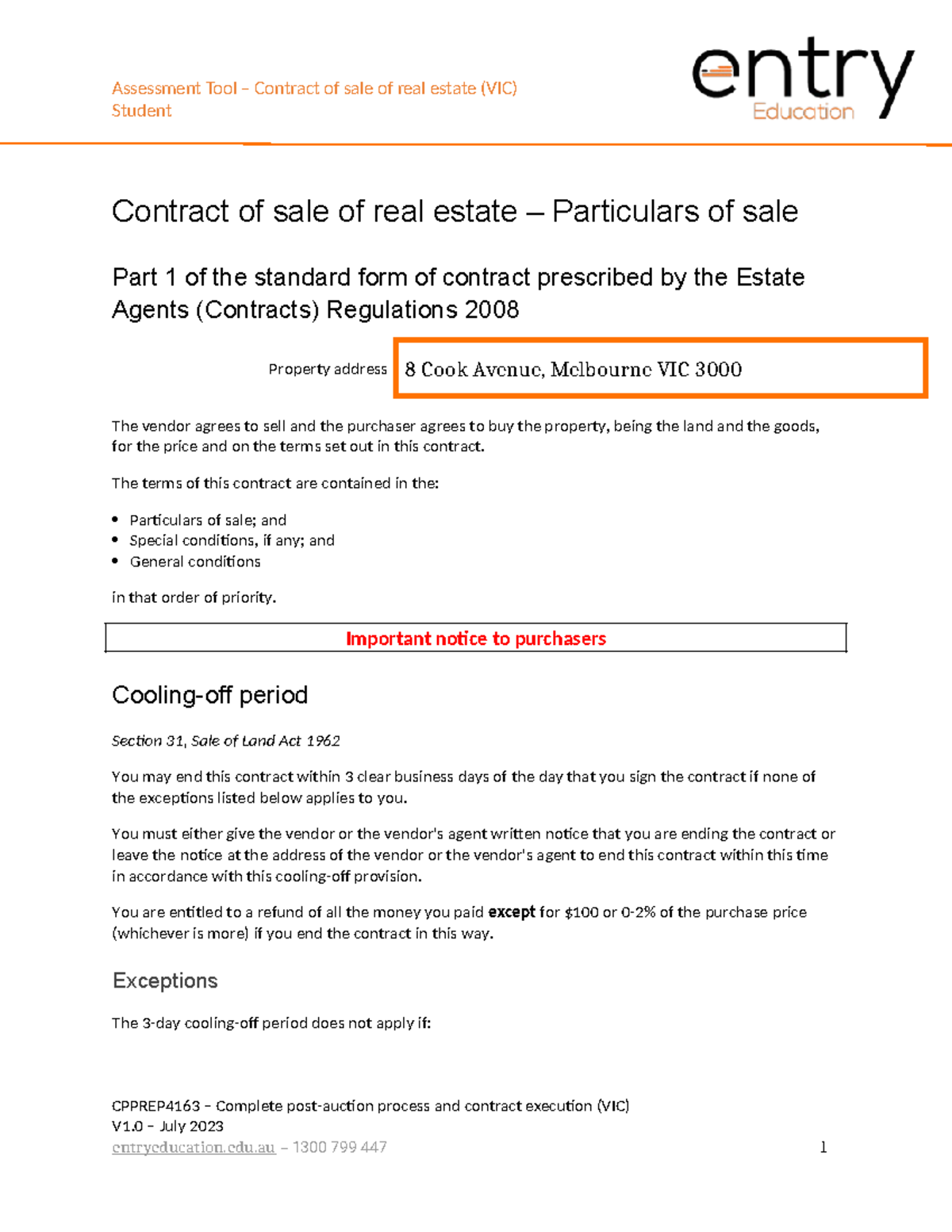 Cpprep 4105 - Contract of Sale - VIC.v1.0 - Student Contract of sale of ...
