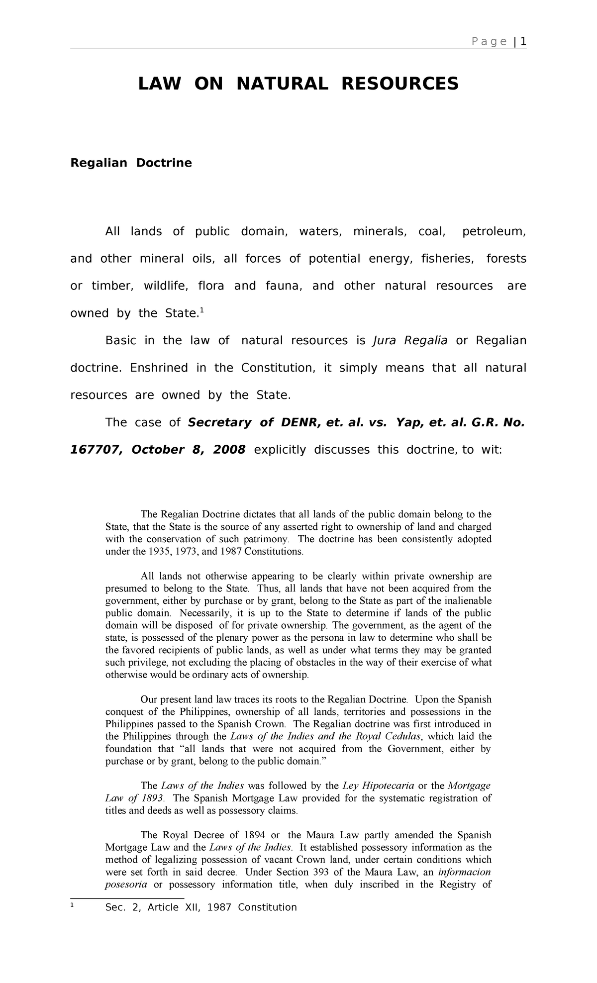 Natre Agcaoili Summary - LAW ON NATURAL RESOURCES Regalian Doctrine All ...