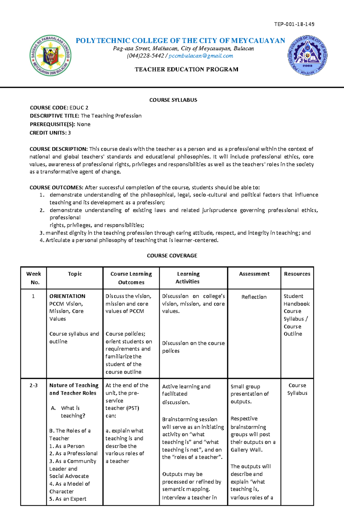 EDUC2 Course Syllabus RDR - TEP- 001 - 18 - 149 POLYTECHNIC COLLEGE OF ...