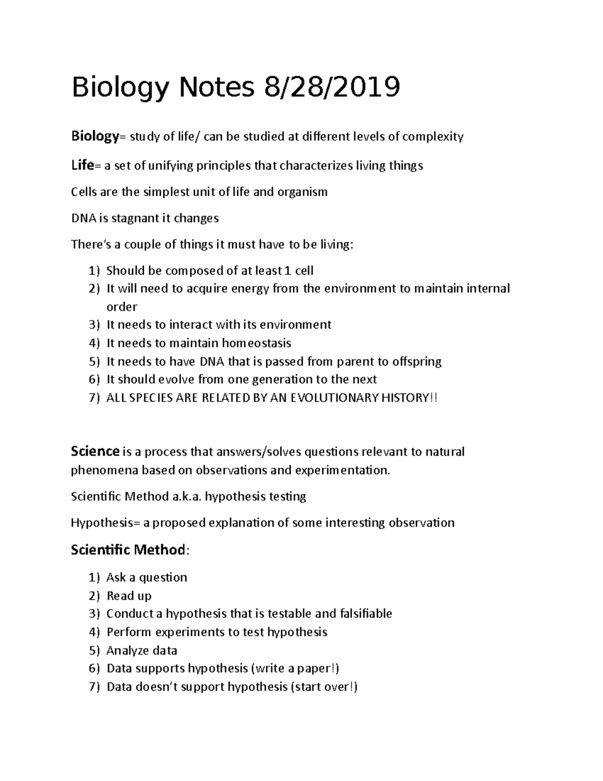 Biology Notes 8 - Emily Clark - Biology Notes 8/28/ Biology= study of ...