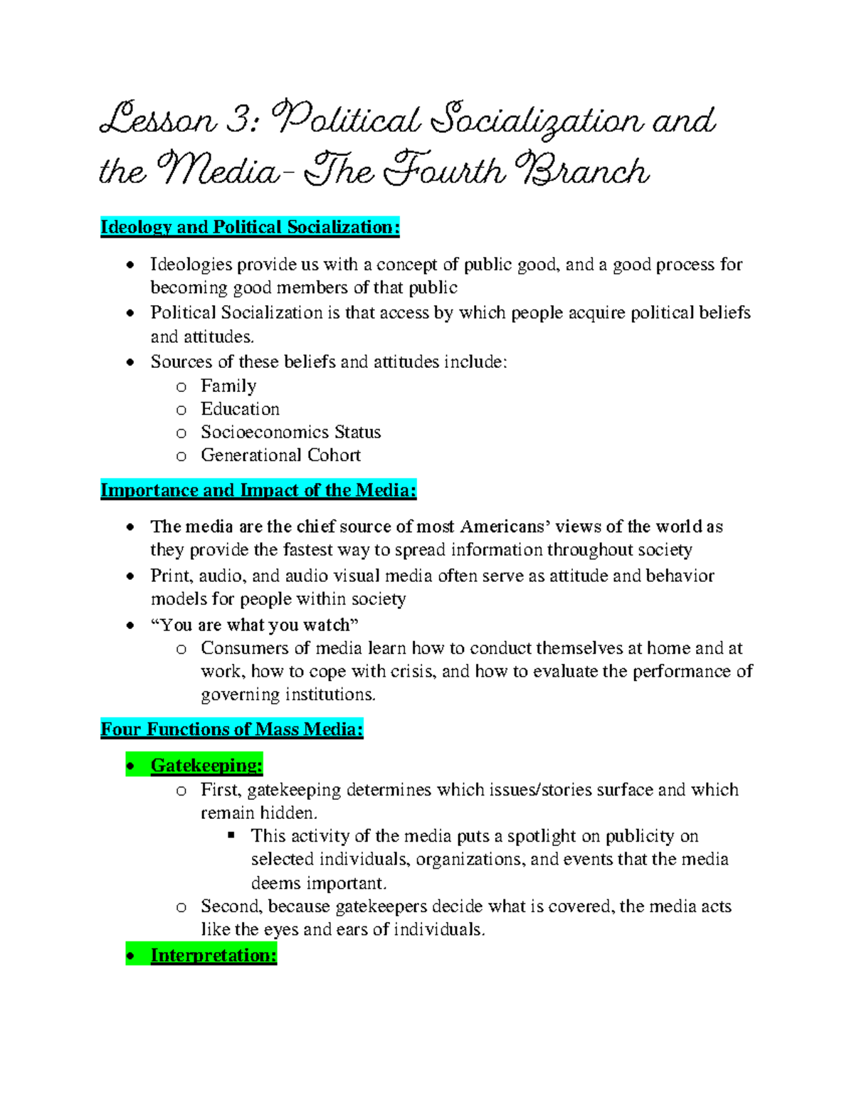 Lesson 3- Political Socialization and the Media Notes - Lesson 3 ...