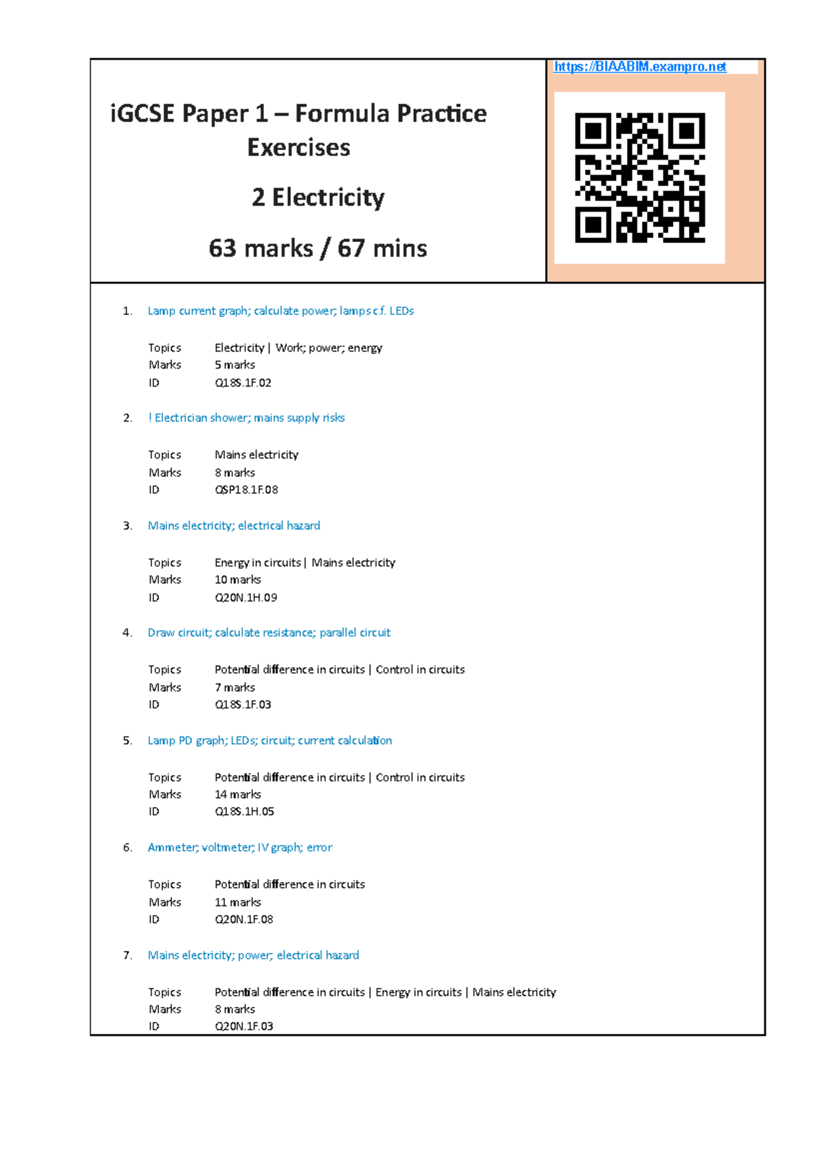 P1 2 Electricity Formula Based - iGCSE Paper 1 – Formula Practice ...