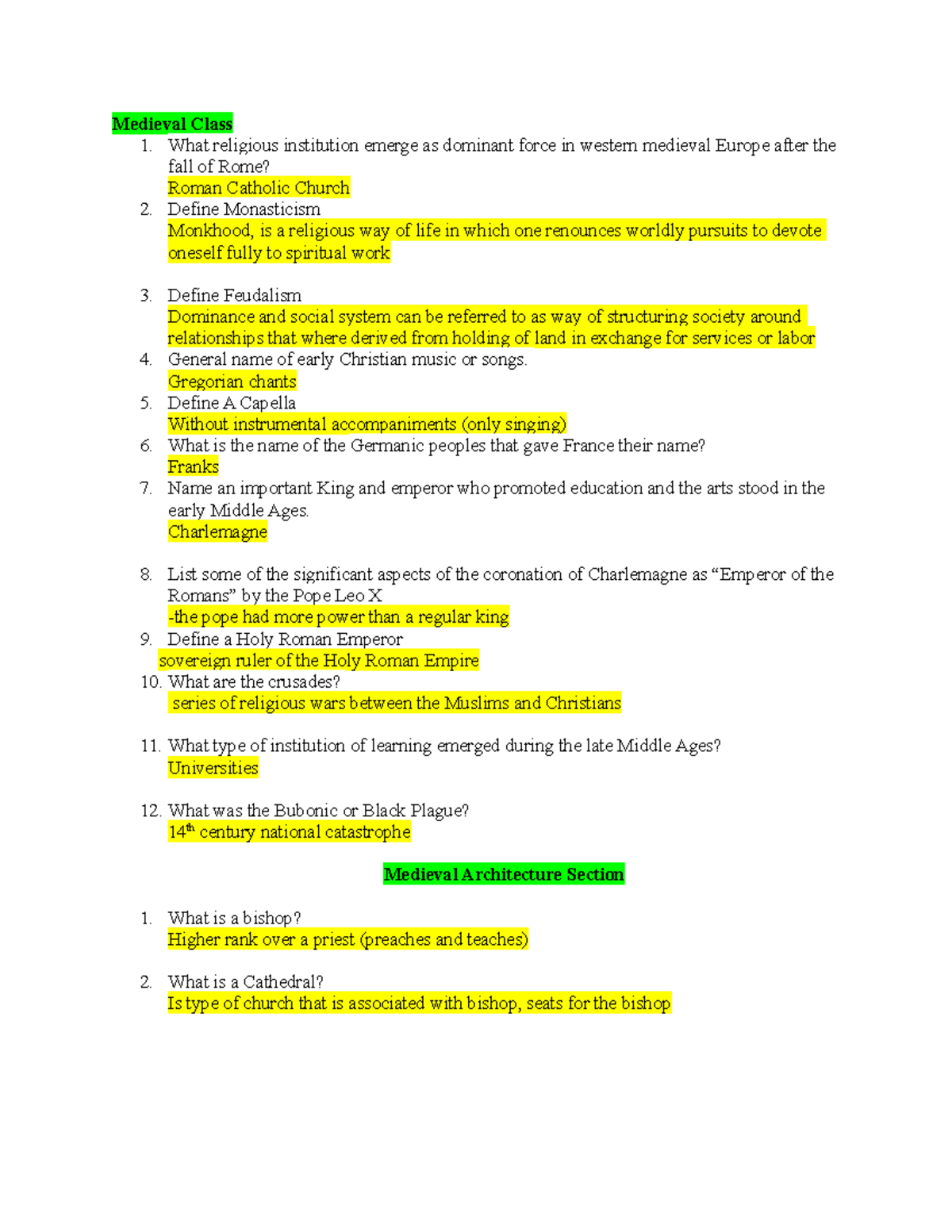 Medieval Class Video Questions - Medieval Class 1. What religious ...