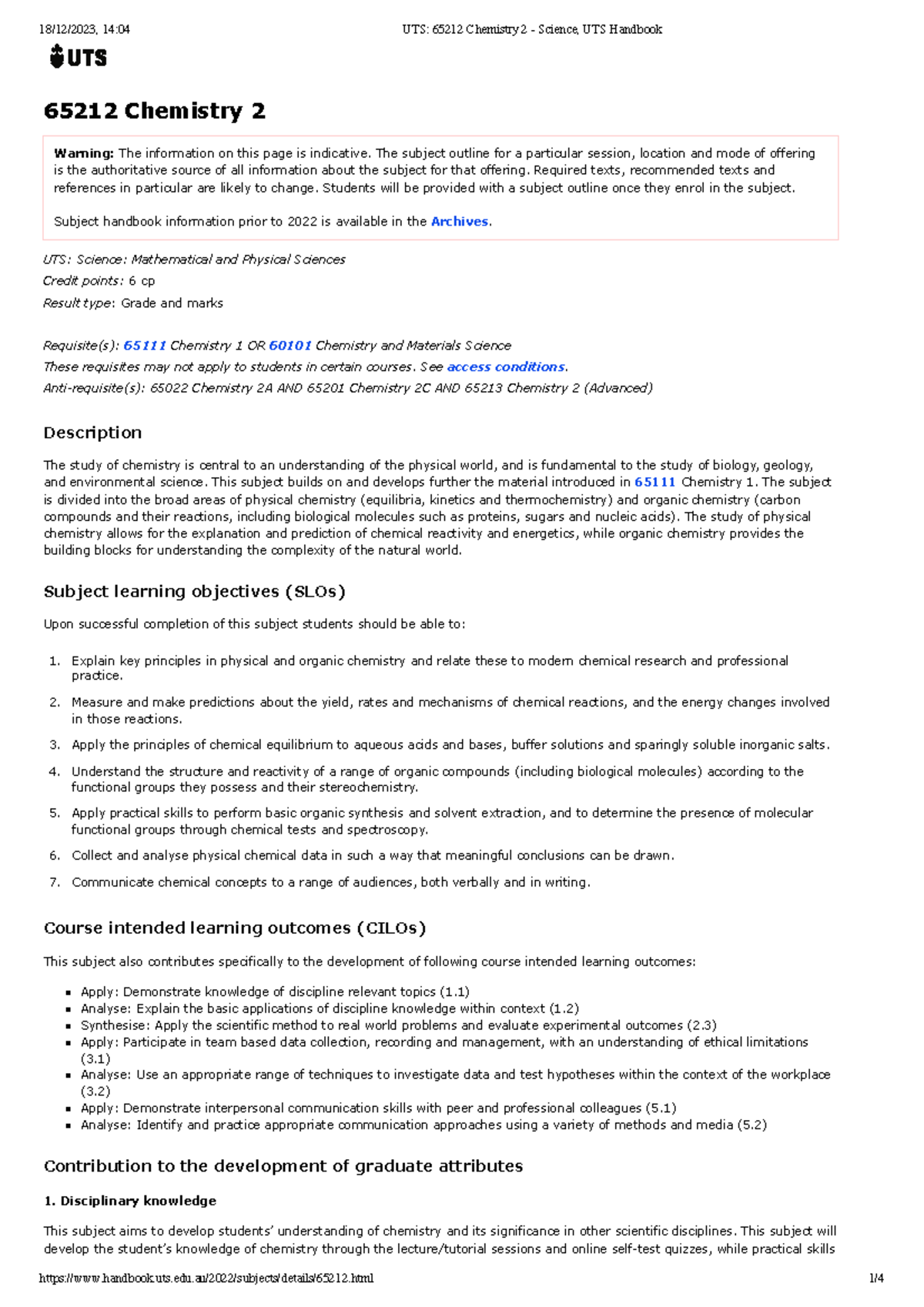 UTS 65212 Chemistry 2 - Science, UTS Handbook - 65212 Chemistry 2 ...