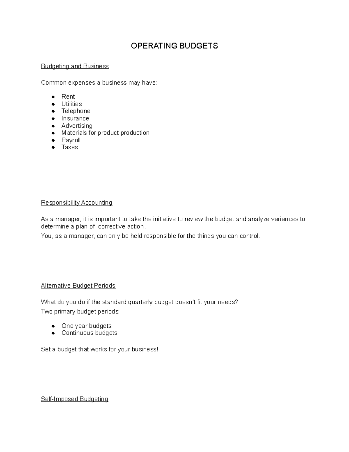 Accounting For Managers Notes 17 Operating Budgets Budgeting And Business Common Expenses A