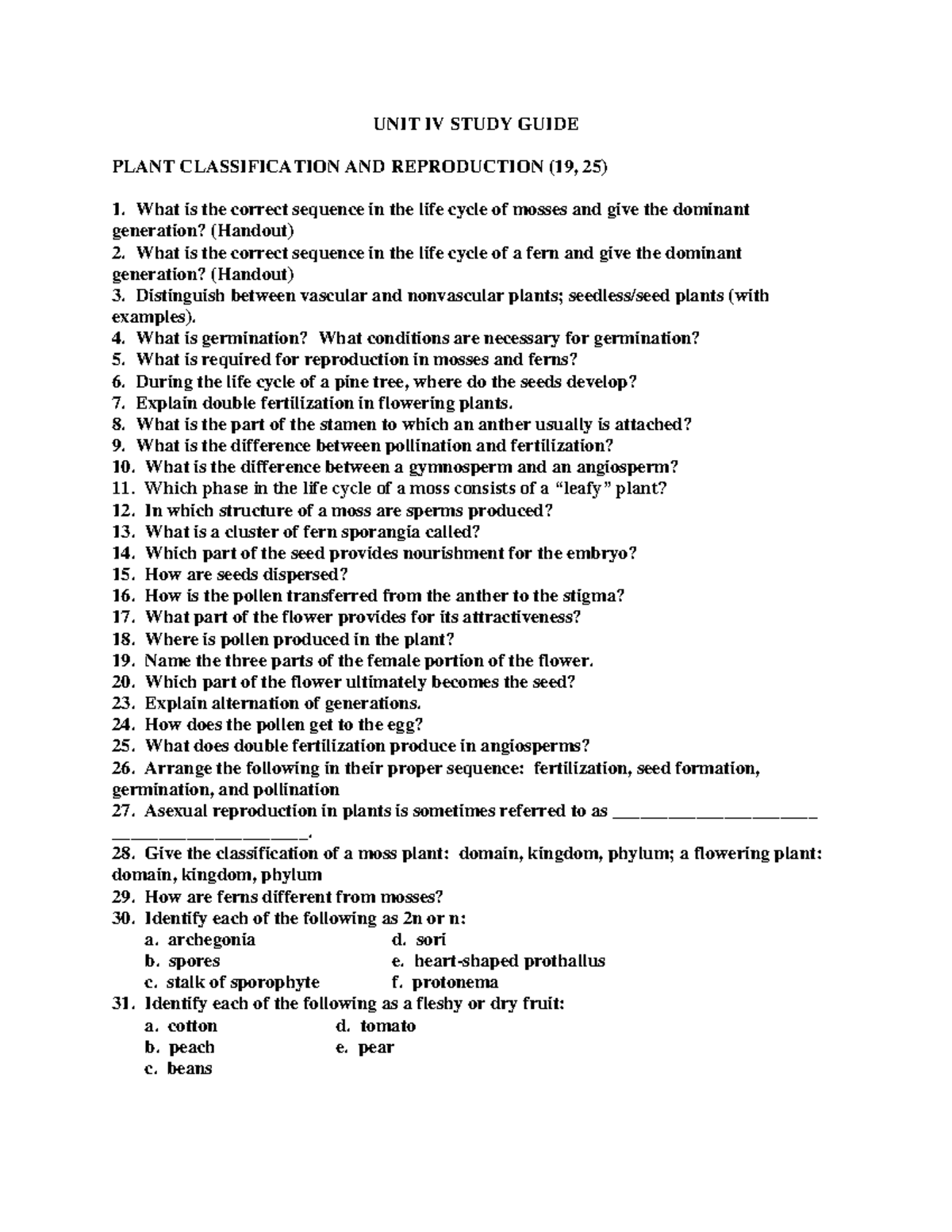 UNIT IV Study Guide Fungi & Plants - UNIT IV STUDY GUIDE PLANT ...