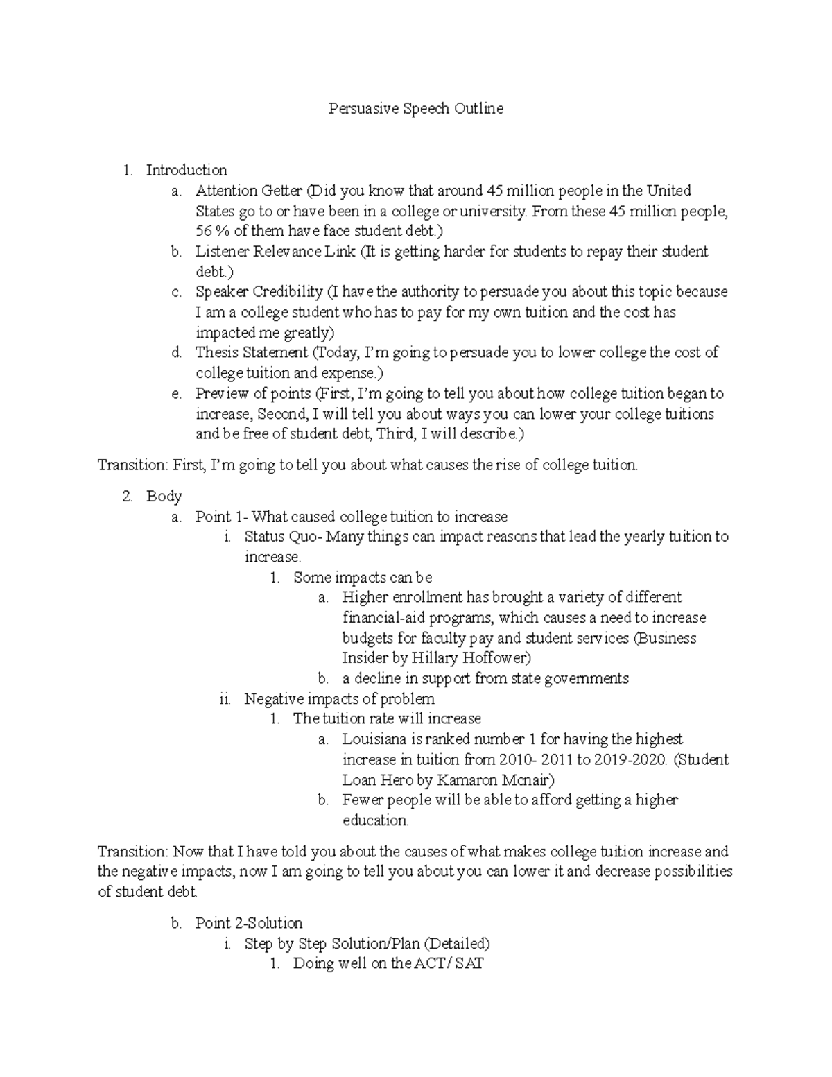 Persuasive Speech Outline - Persuasive Speech Outline Introduction a ...