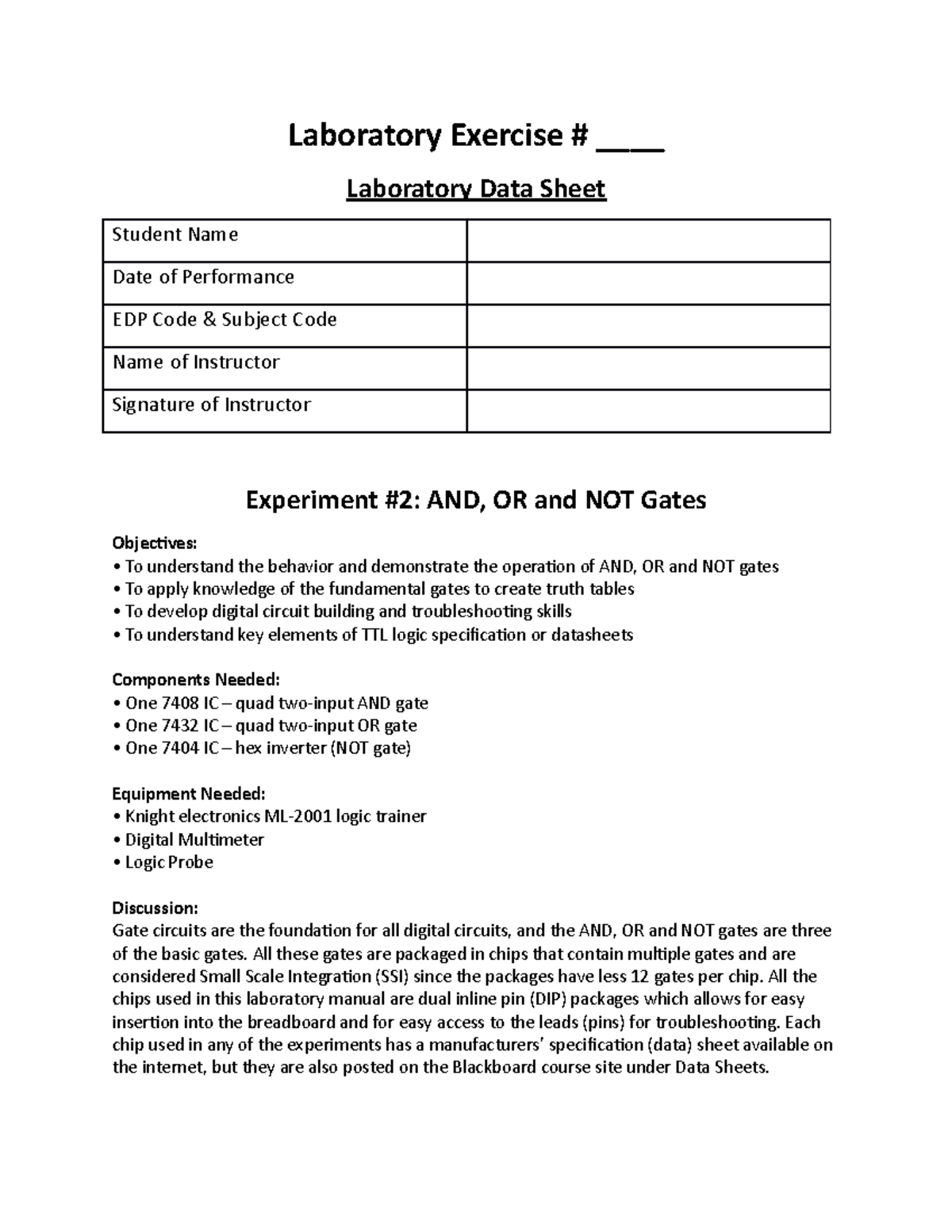 Experiment#2 - AND, OR and NOT Gates - Laboratory Exercise ...