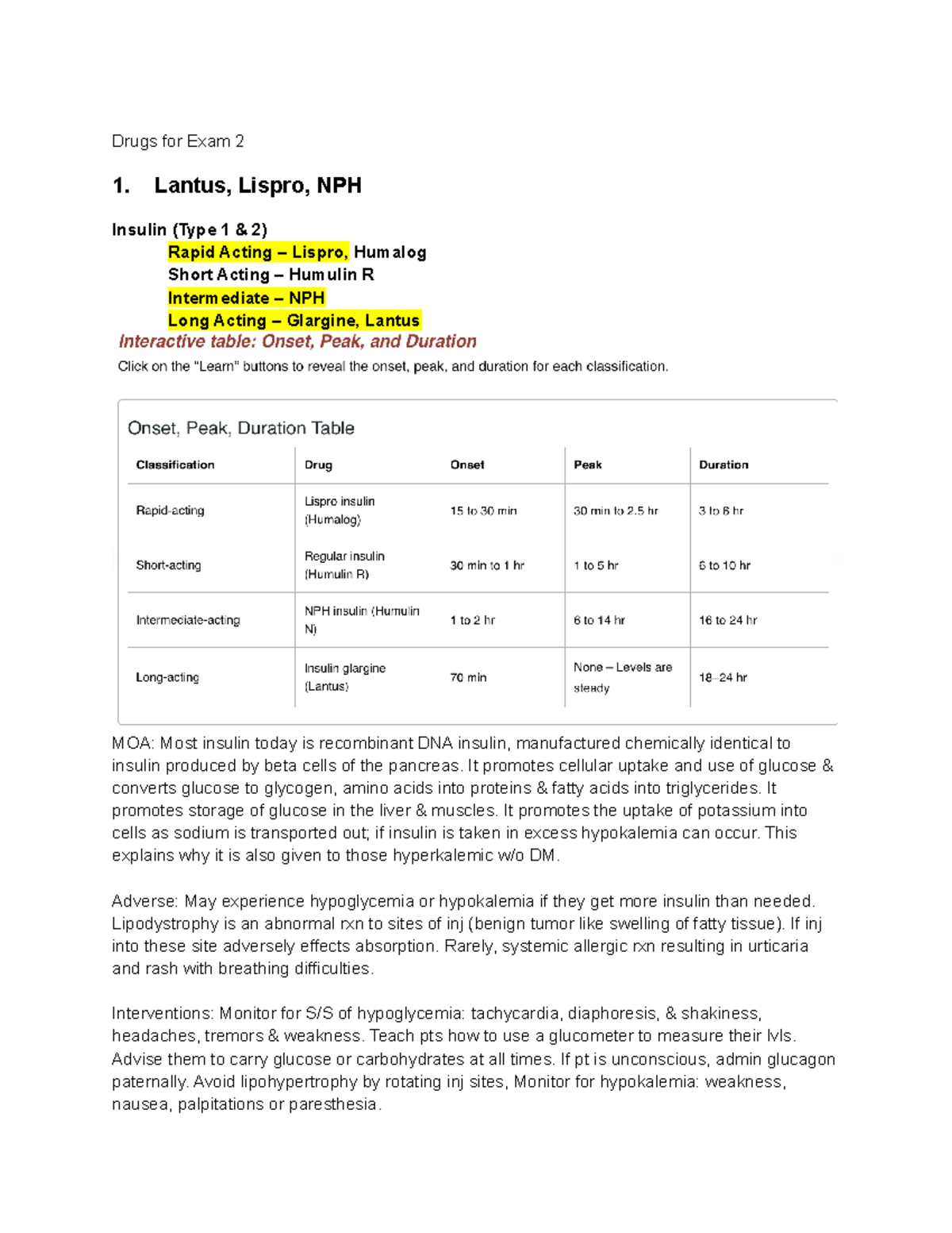 Drugs for Exam 2 - Lantus, Lispro, NPH Insulin (Type 1 & 2) Rapid ...