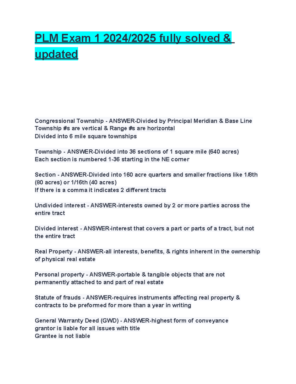 PLM Exam 1 2024 2025 fully solved & updated - PLM Exam 1 2024/2025 fully solved & updated - Studocu