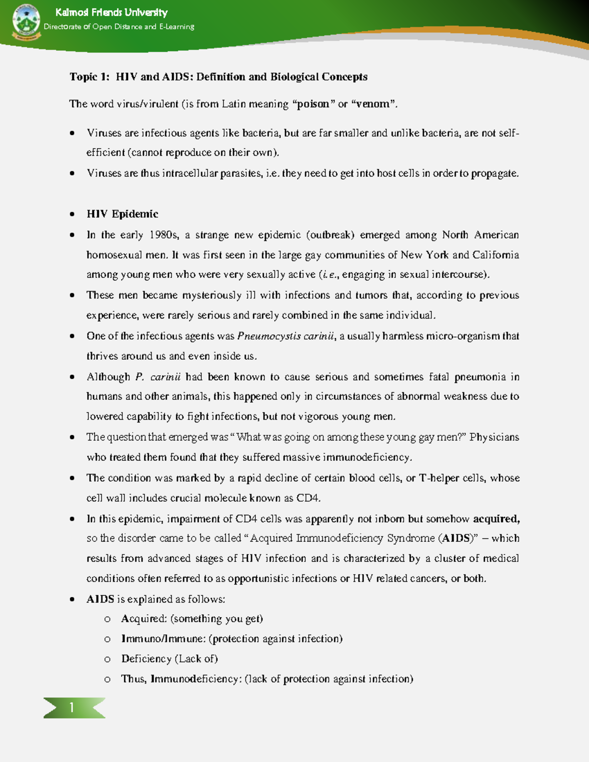 Topic One HIV Basic Biology - Directorate of Open Distance and E ...