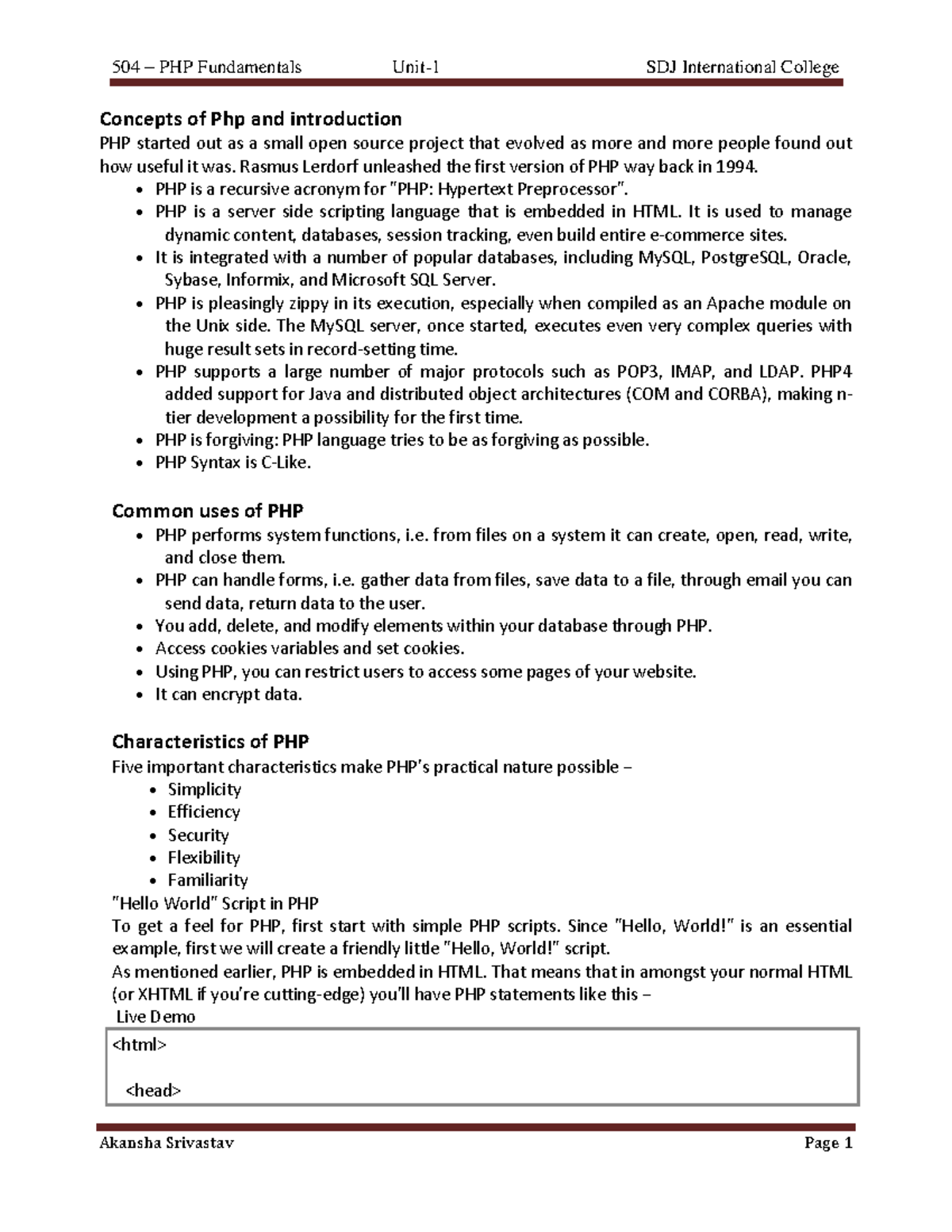 Unit 1 Wfs Php Fundamentals Concepts Of Php And Introduction Php Started Out As A Small