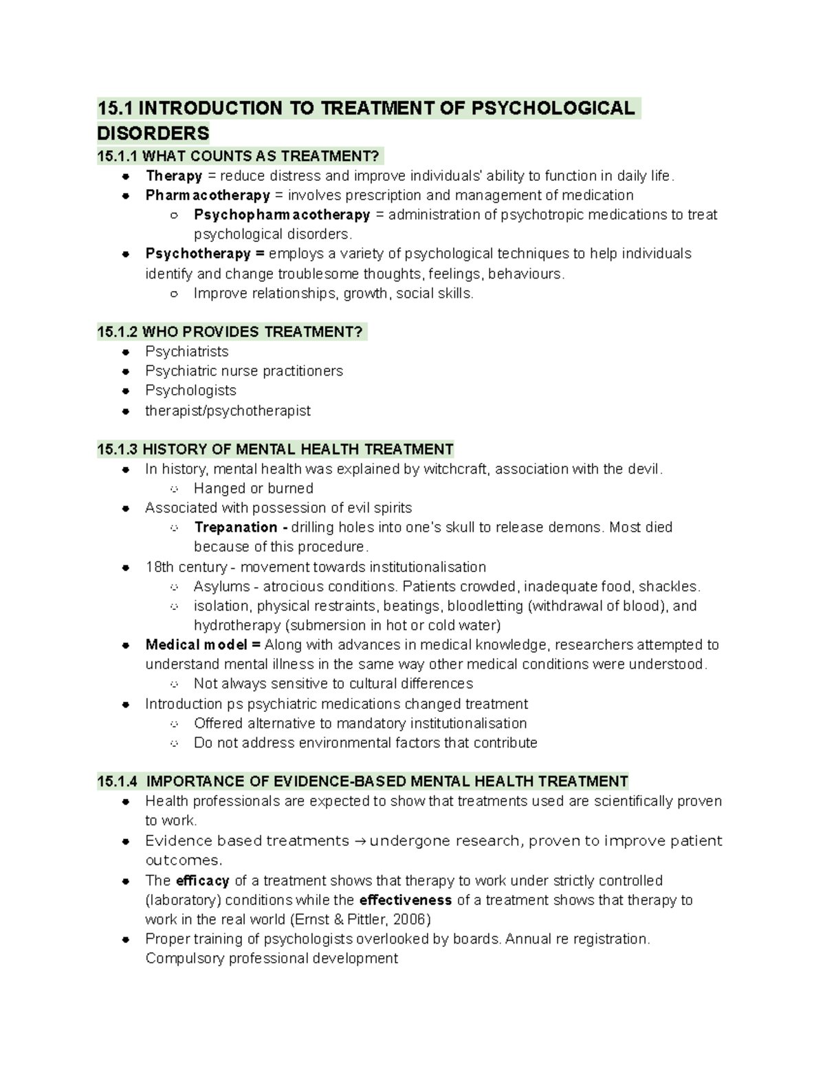 Week 10 - treatment of psychological disorders - 15 INTRODUCTION TO ...