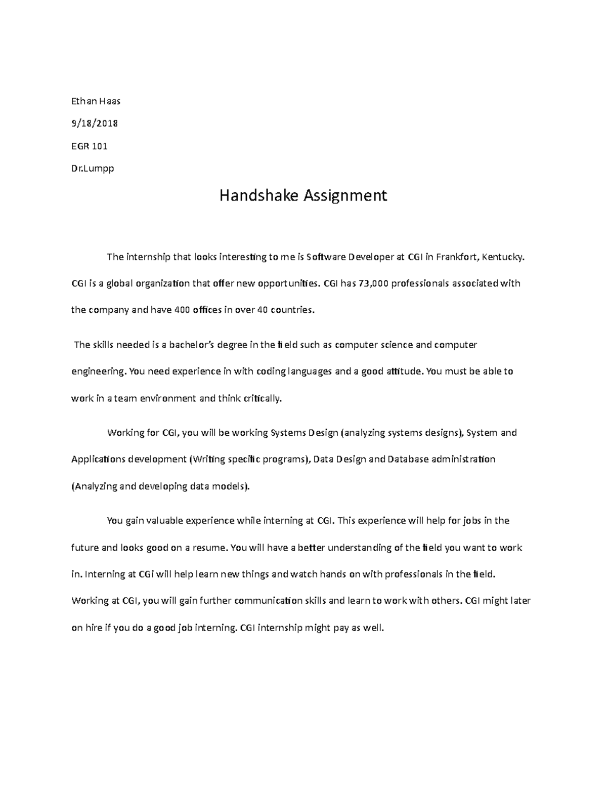 EGR 101 - Handshake Assignment - Ethan Haas 9/18/ EGR 101 Dr Handshake Assignment The internship ...