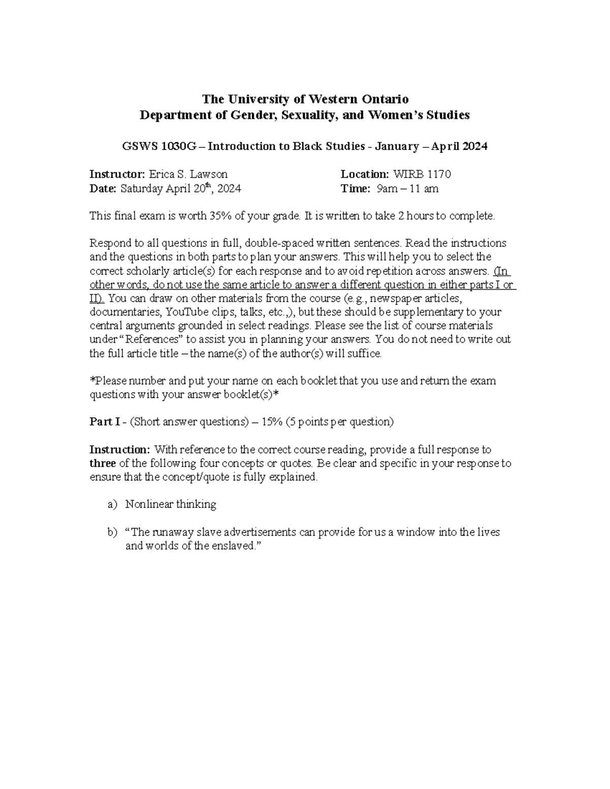 GSWS1030G - Final Exam - April 20.24 Lawson - Format and Practice ... GSWS1030G - Final Exam - April 20.24 Lawson - Format and Practice ...