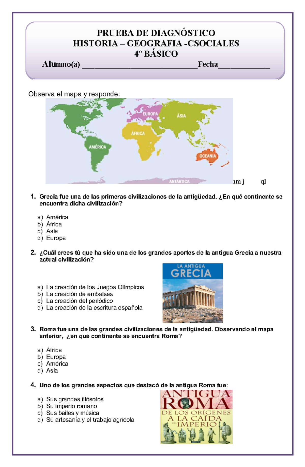 4º Básico diagnostico historia - PRUEBA DE DIAGNÓSTICO HISTORIA – GEOGRAFIA -CSOCIALES 4º BÁSICO ...