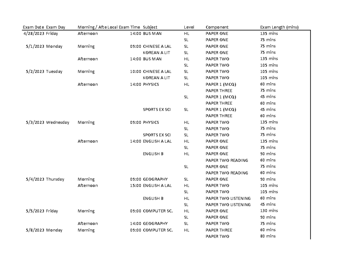 DCSZ IB Exam Timetable - May 2023 - Biologia - Zakres rozszerzony - Studocu