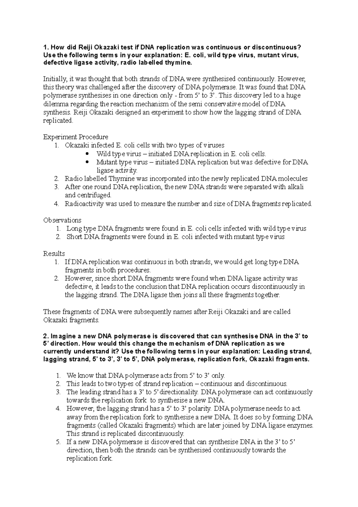 Biol1020 Mini Test 1 How Did Reiji Okazaki Test If DNA Replication