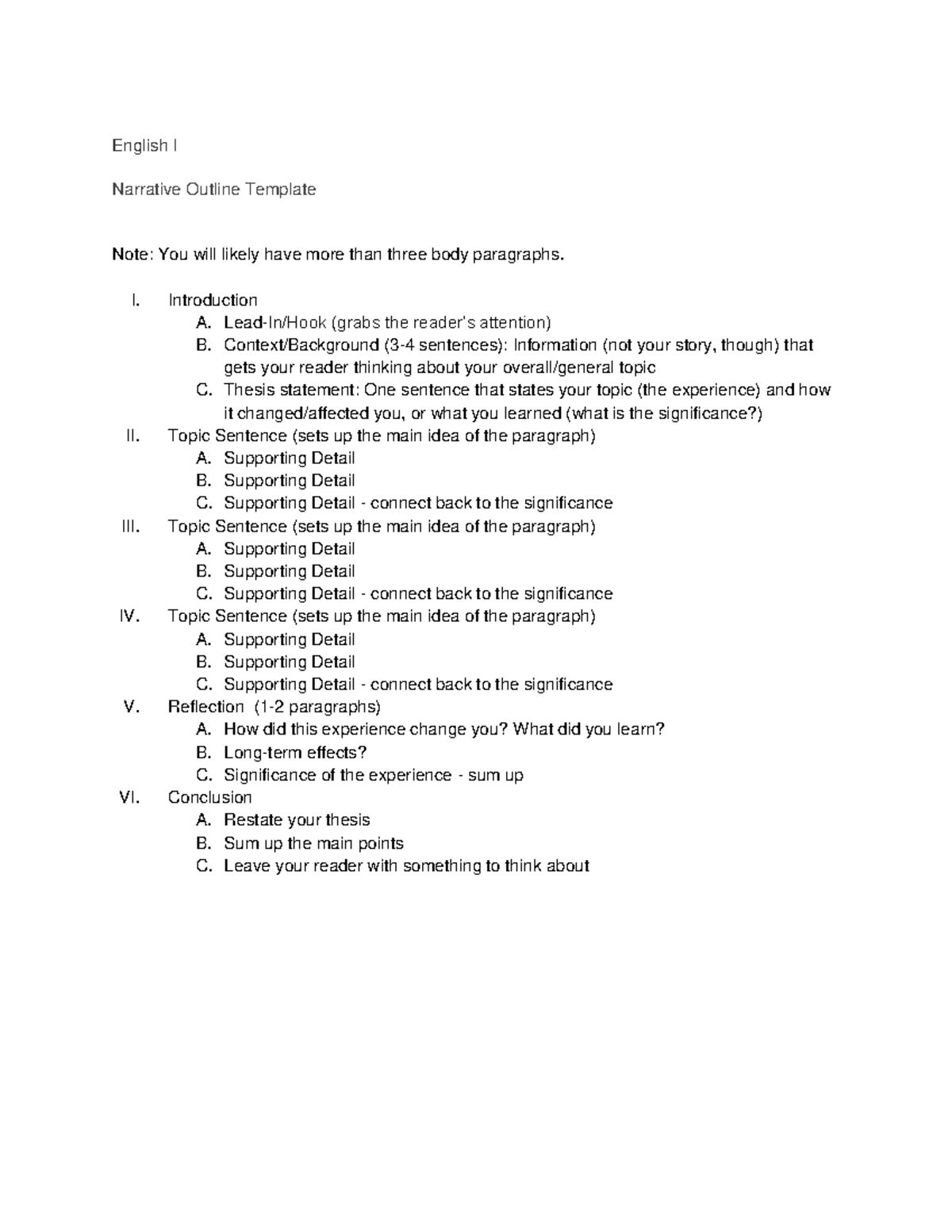 Narrative Outline Template - English I Narrative Outline Template Note ...