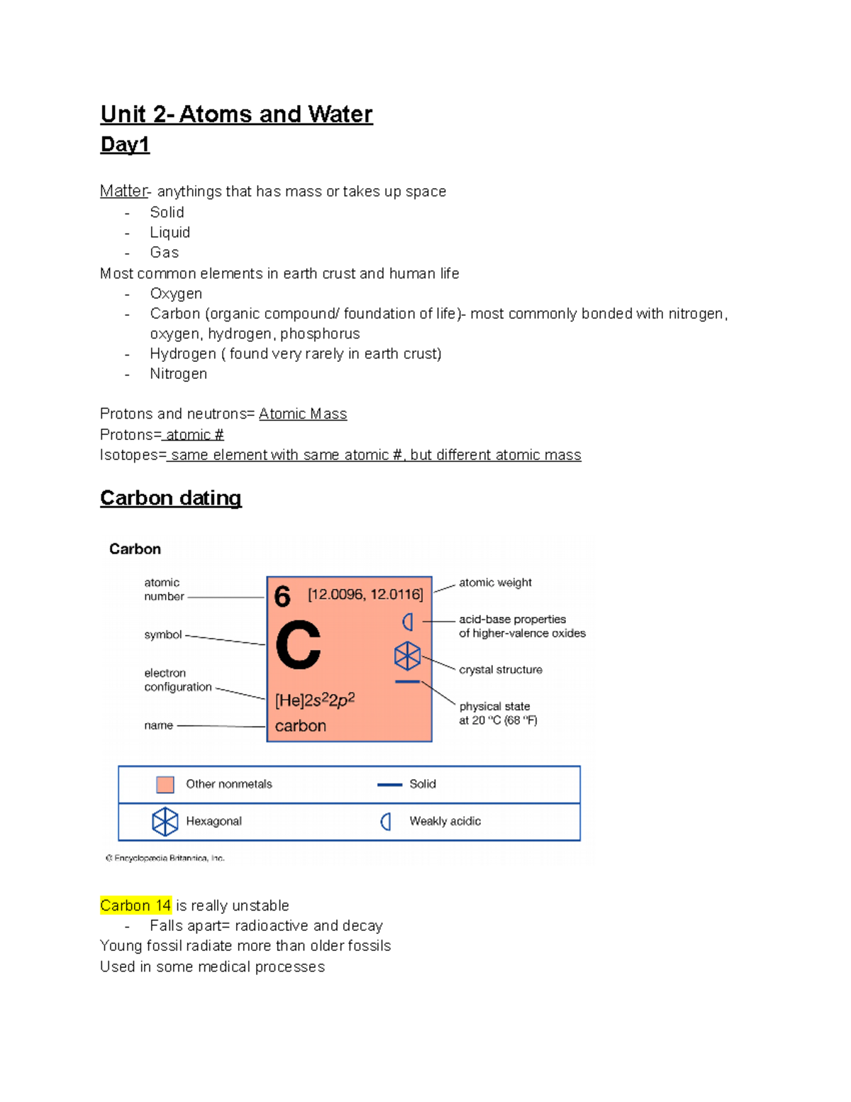 Bio Notes - Include basic info to biology - Unit 2- Atoms and Water Day ...