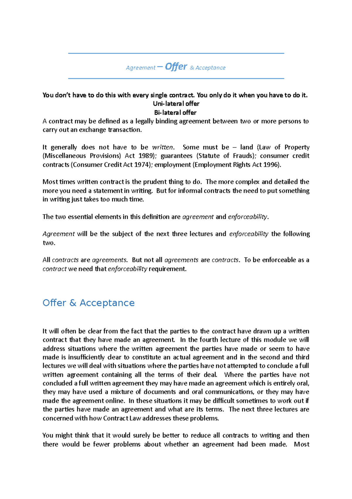 Agreement- Offer and Acceptance - Agreement – Offer & Acceptance You ...