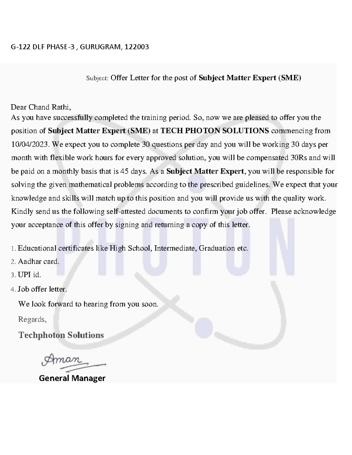 Offer Letter - Bcom notes - G-122 DLF PHASE-3 , GURUGRAM, 122003 ...