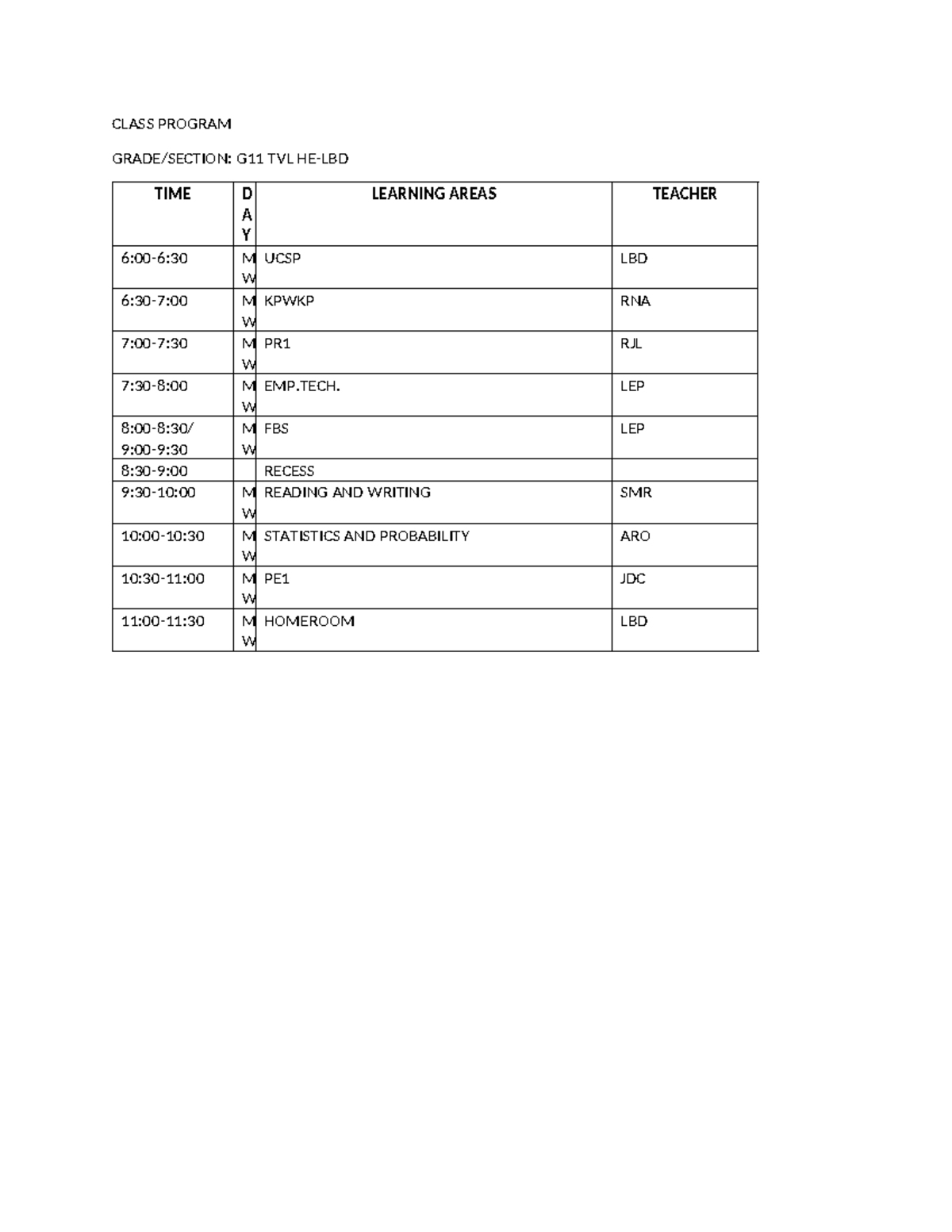 Class Program LBD - CLASS PROGRAM GRADE/SECTION: G11 TVL HE-LBD TIME D ...