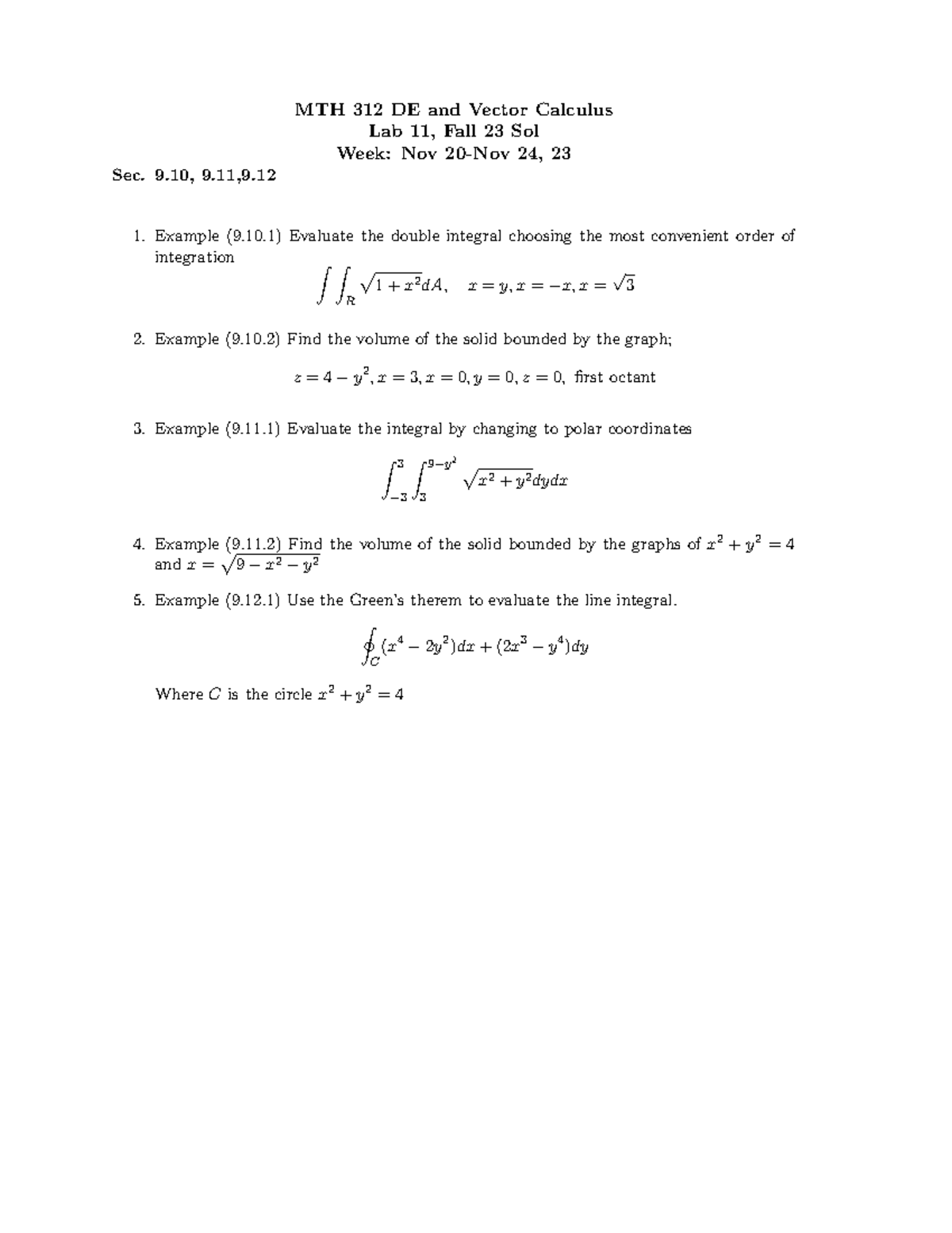 Lab 11 V1 - lab work - MTH 312 DE and Vector Calculus Lab 11, Fall 23 ...