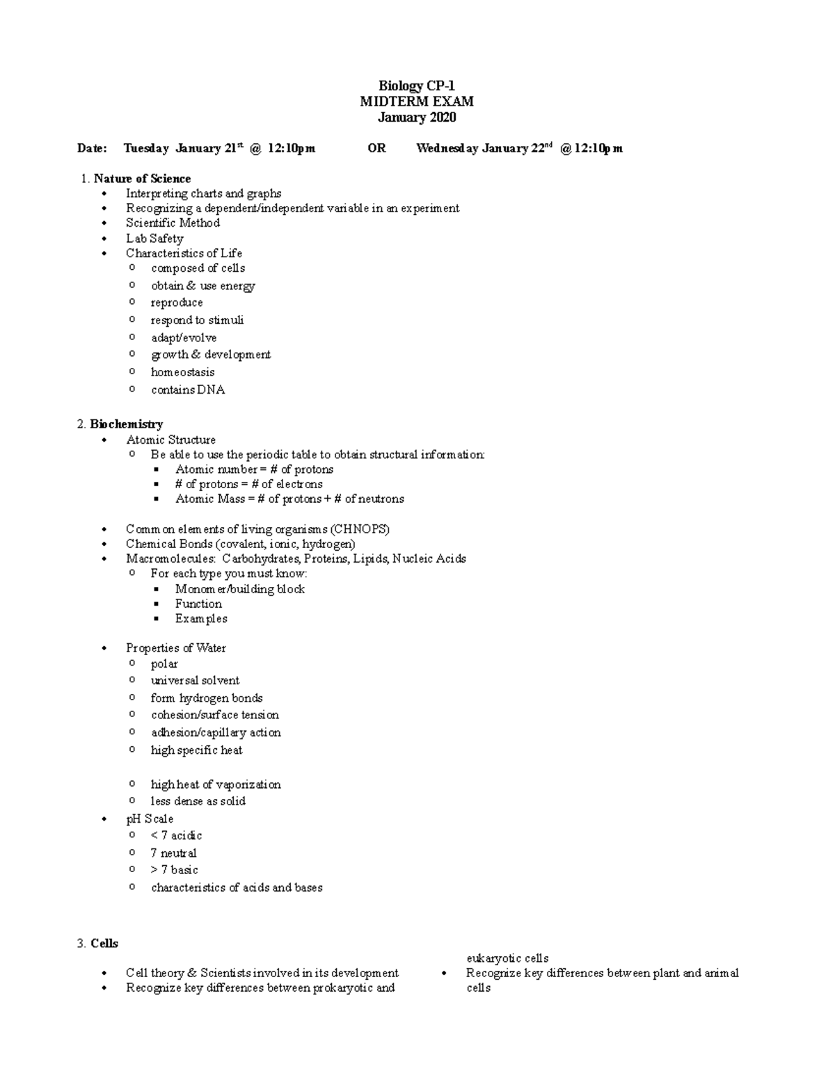 Biology CP-1 Midterm 2019 - Biology CP- MIDTERM EXAM January 2020 Date ...