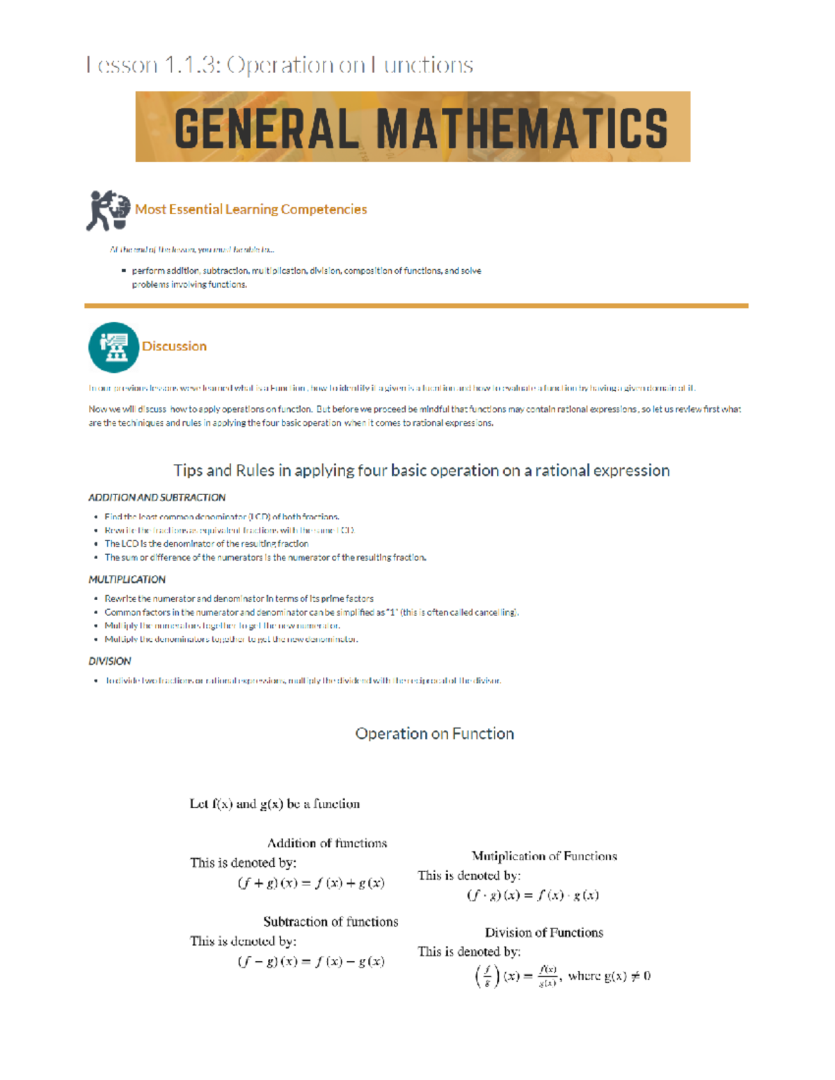 Lesson 1.1.3 Operation on Functions - Mathematics In The Modern World ...