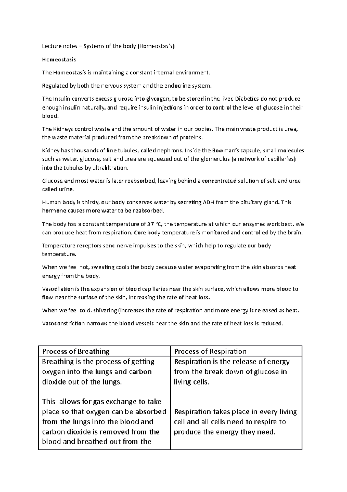 Lecture notes – Systems of the body (Homeostasis) - Lecture notes ...