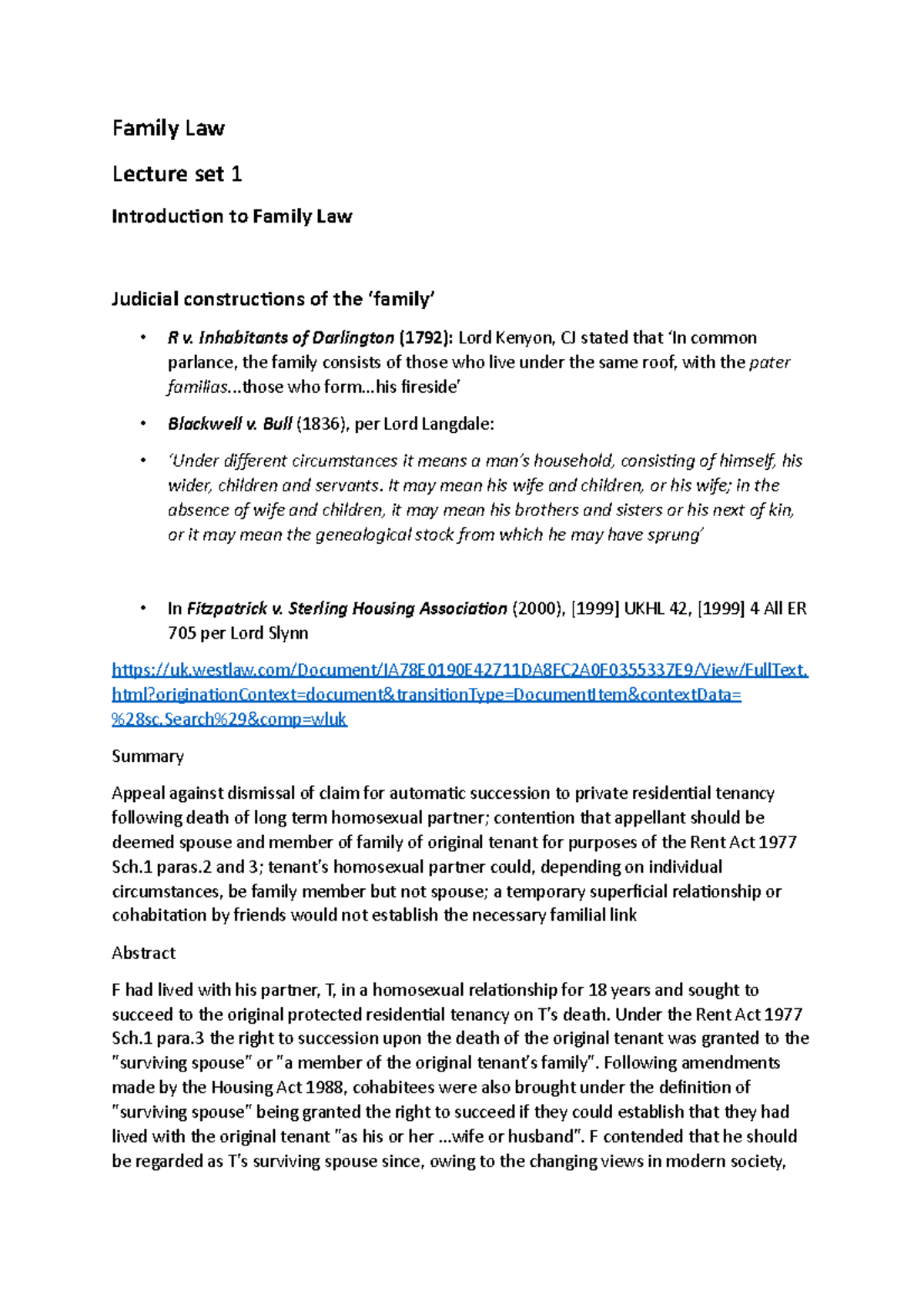 Lecture set 1 - notes - Family Law Lecture set 1 Introduction to Family ...