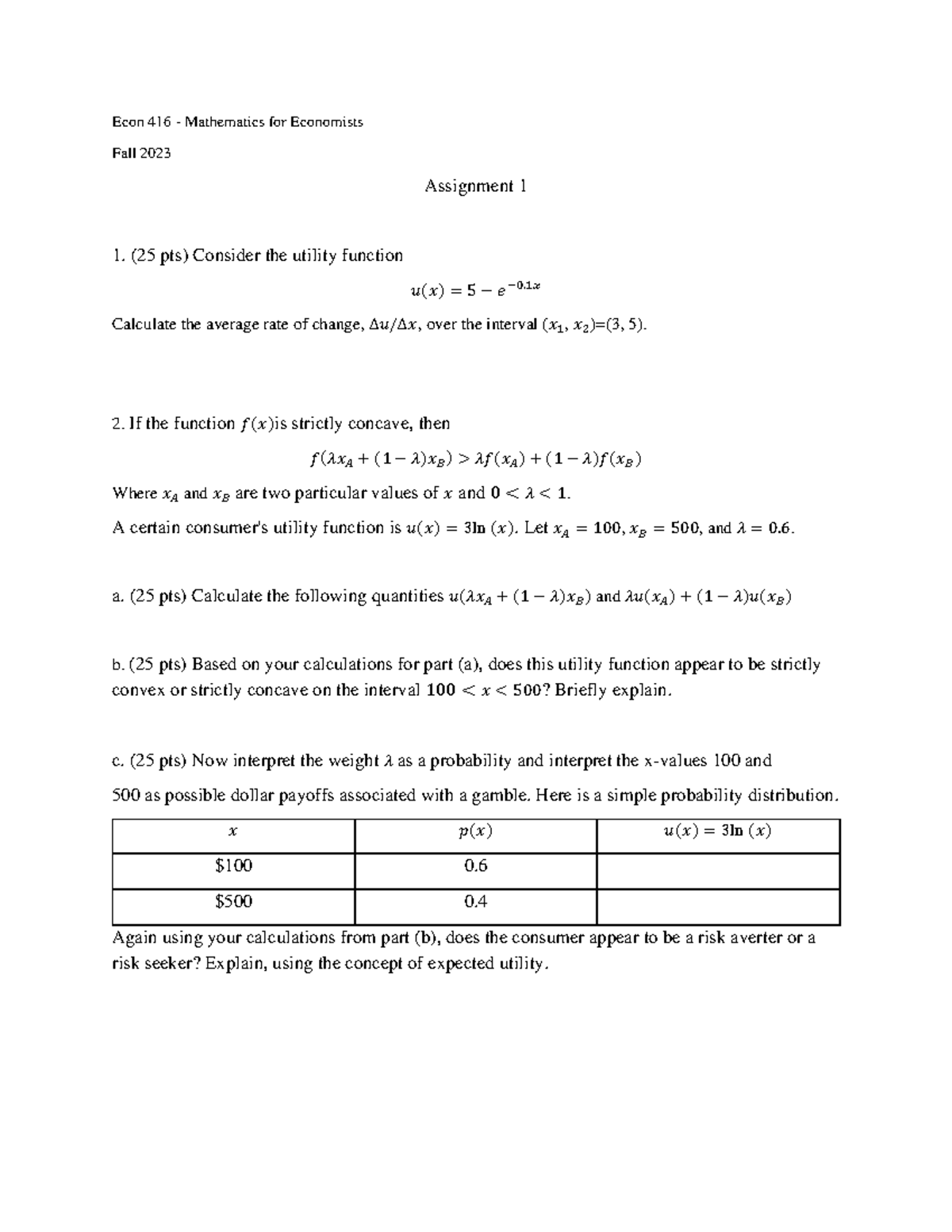 Assignment 1 Econ416 - homework - Econ 416 - Mathematics for Economists ...