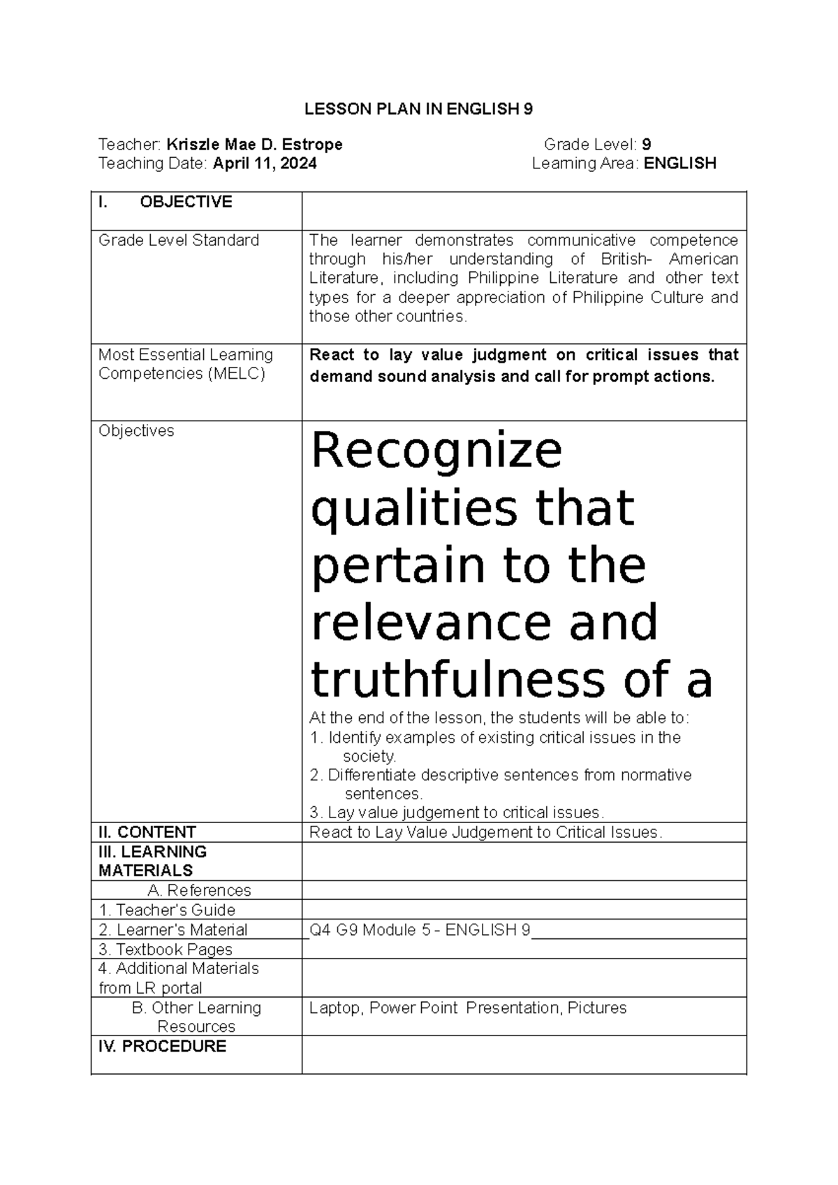 LP- Descriptive AND Normative - LESSON PLAN IN ENGLISH 9 Teacher ...