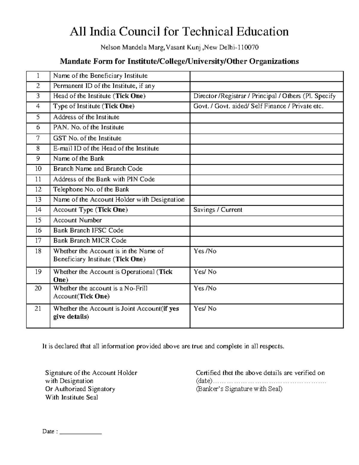 AQIS Mandate Form for Institute and College - All India Council for ...