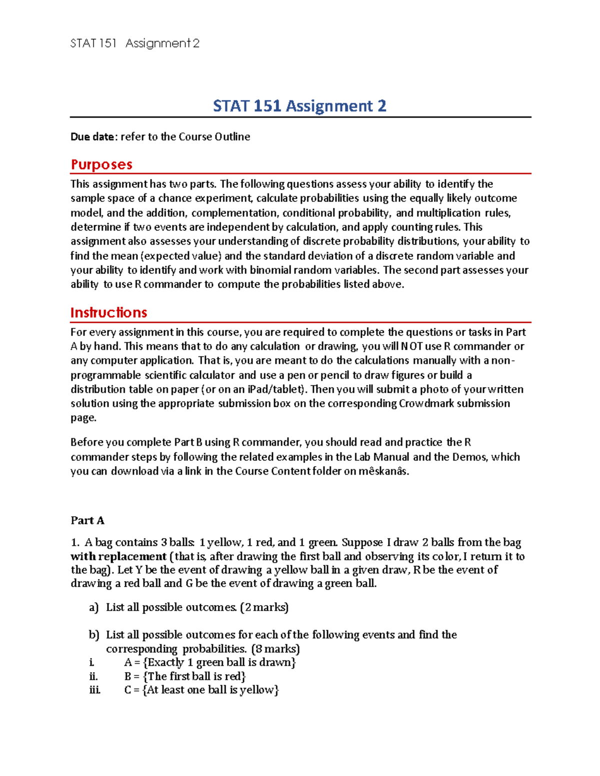 Assignment 2 Stat 151 Spring Summer 2023 pdf - STAT 151 Assignment 2 Due date: refer to the ...
