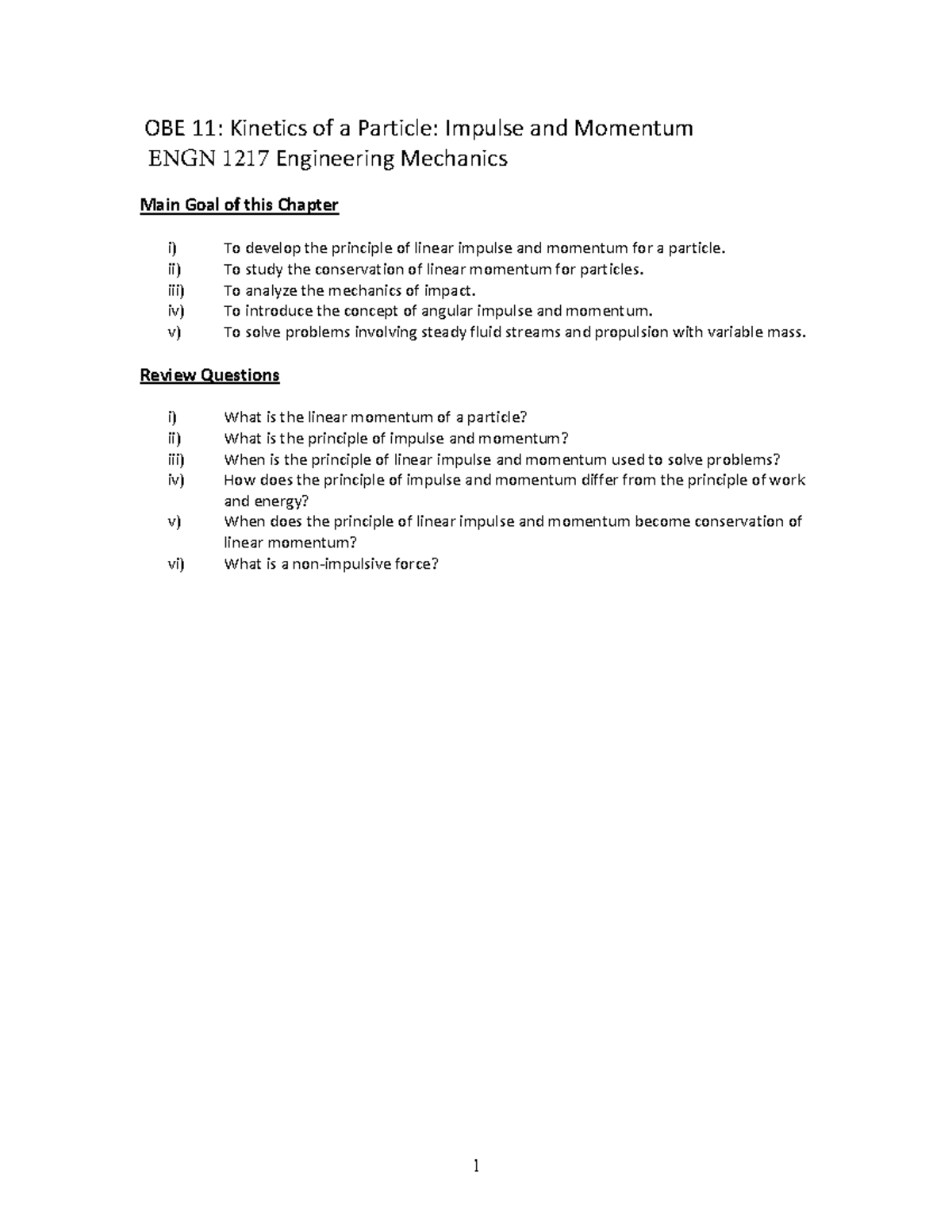 Course Outcome and Summary kinetics of Particle Impulse and Momentum ...