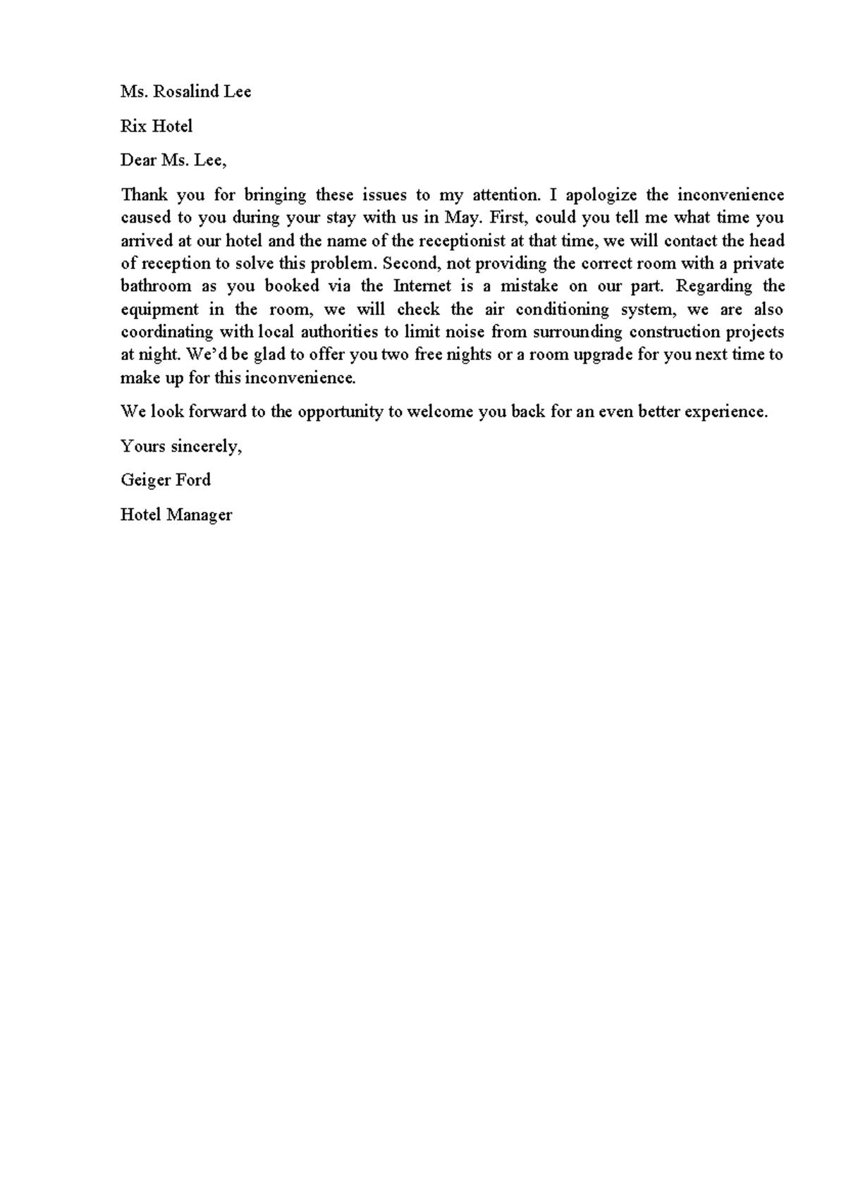 U5 - Write an email to respond to an email of complaint below - Ms ...