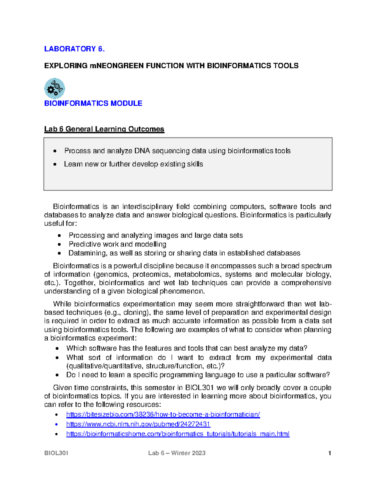 BIOL301 Lab6 Manual W2023 - Copy - LABORATORY 6. EXPLORING mNEONGREEN FUNCTION WITH ...