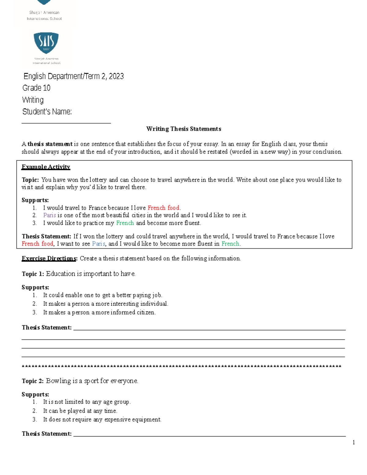 Writing Thesis Statements- Tuesday - English Department/Term 2, 2023 ...
